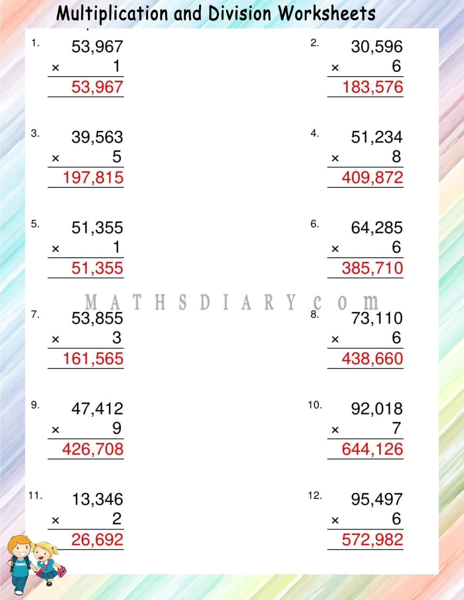 Multiplying 5-digit number by 1-digit number worksheets - Math ...