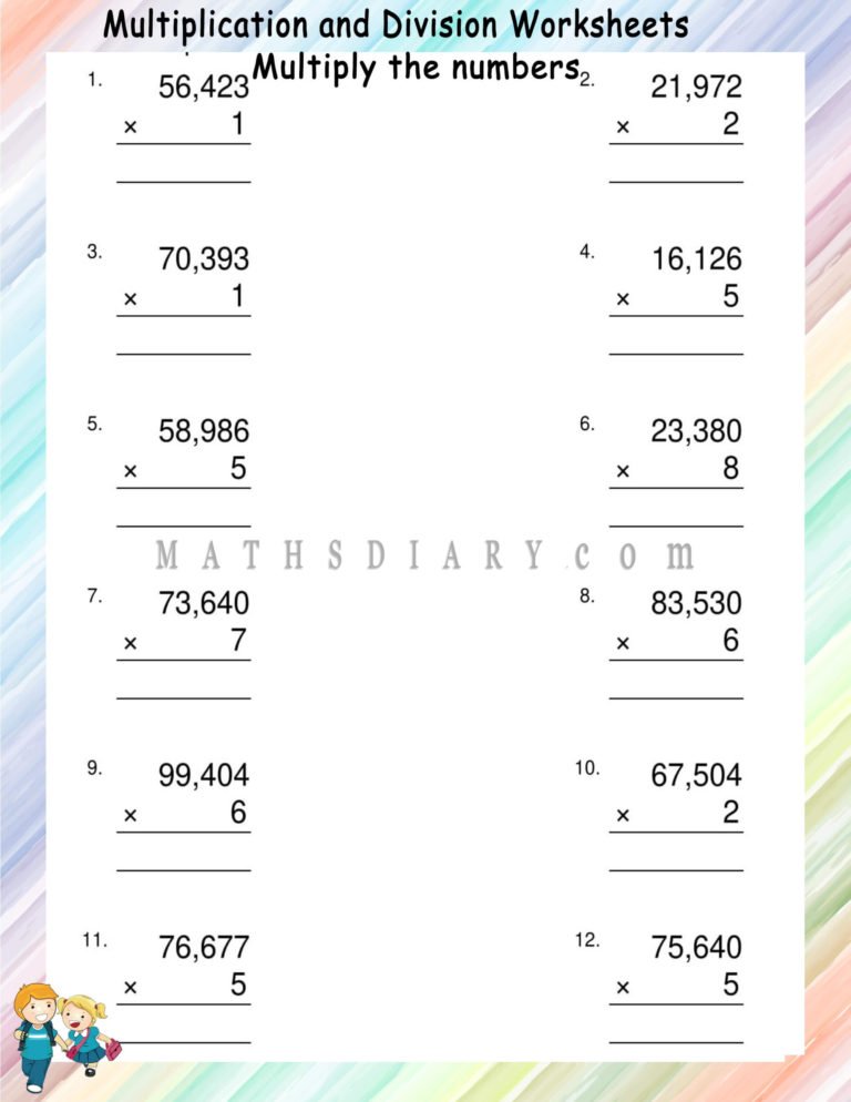 Multiplying 5-digit number by 1-digit number worksheets - Math ...