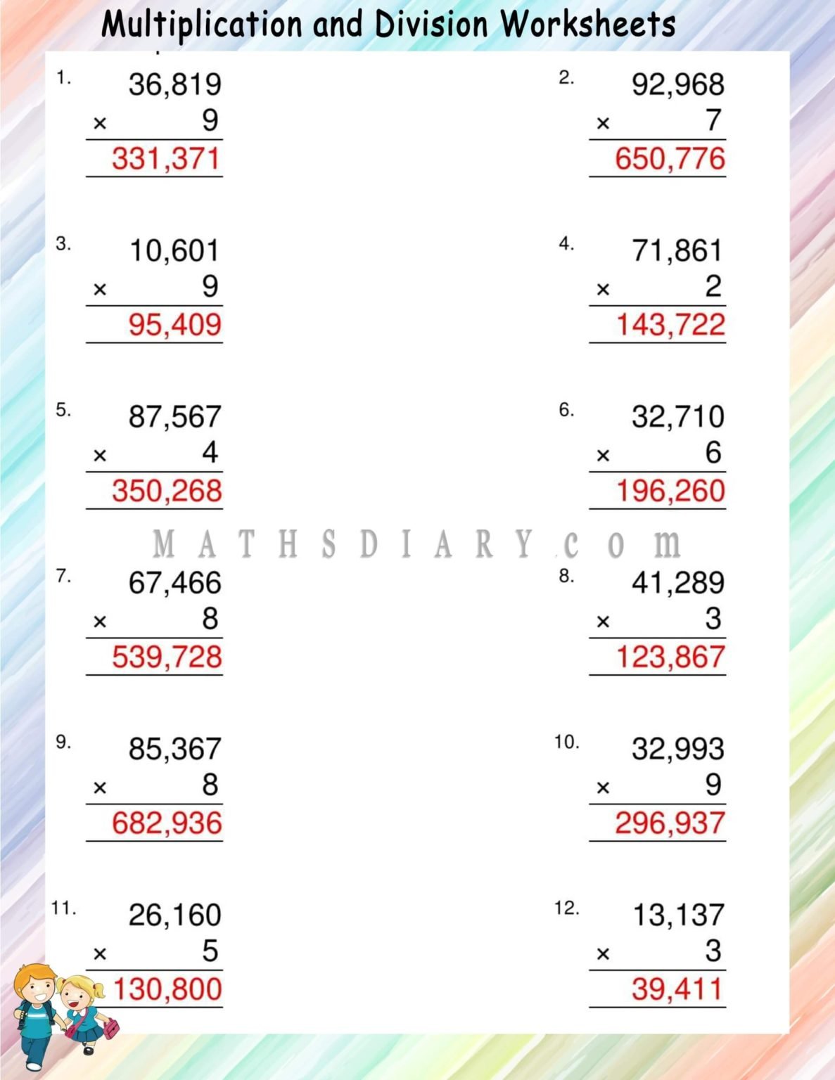Multiplying 5-digit number by 1-digit number worksheets - Math ...