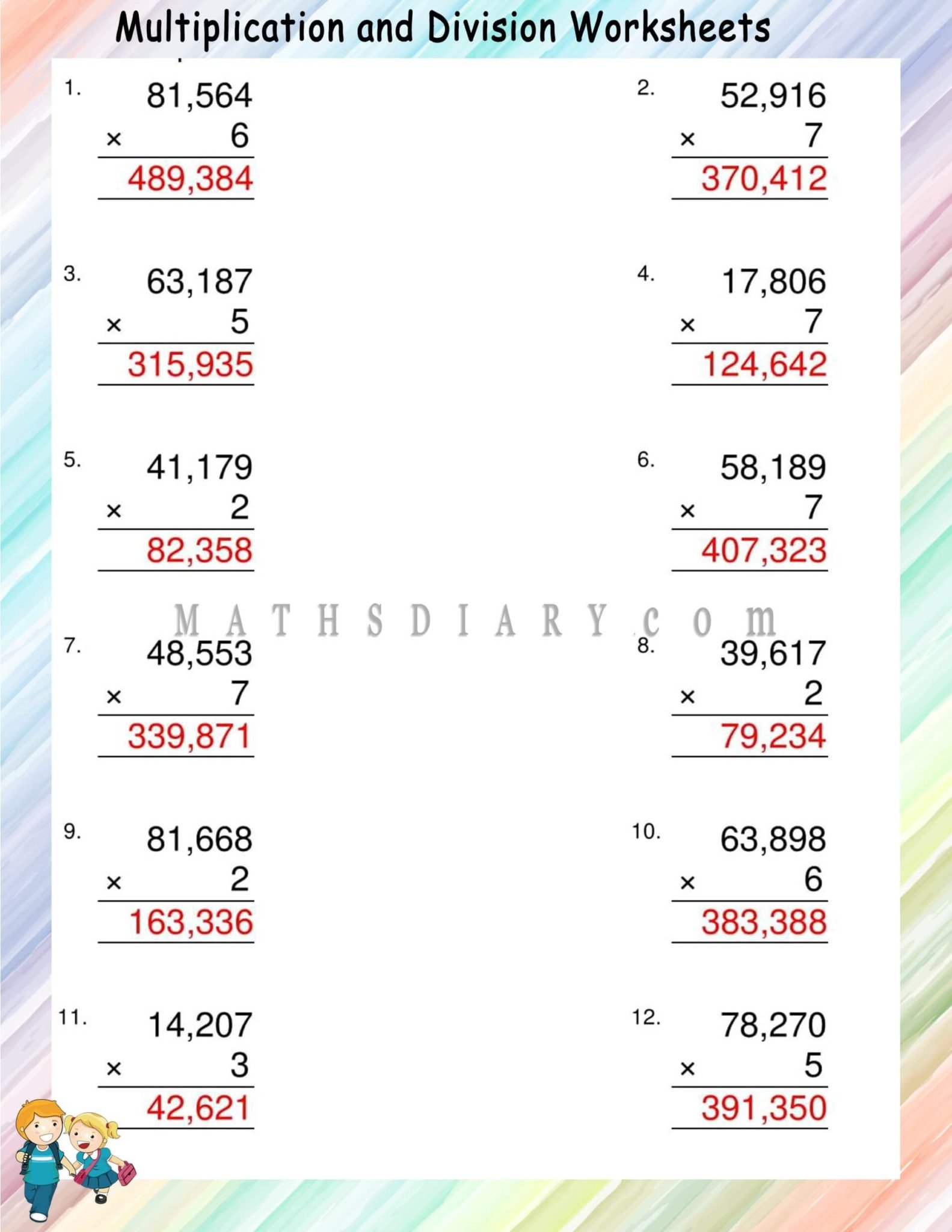 Multiplying 5-digit number by 1-digit number worksheets - Math ...