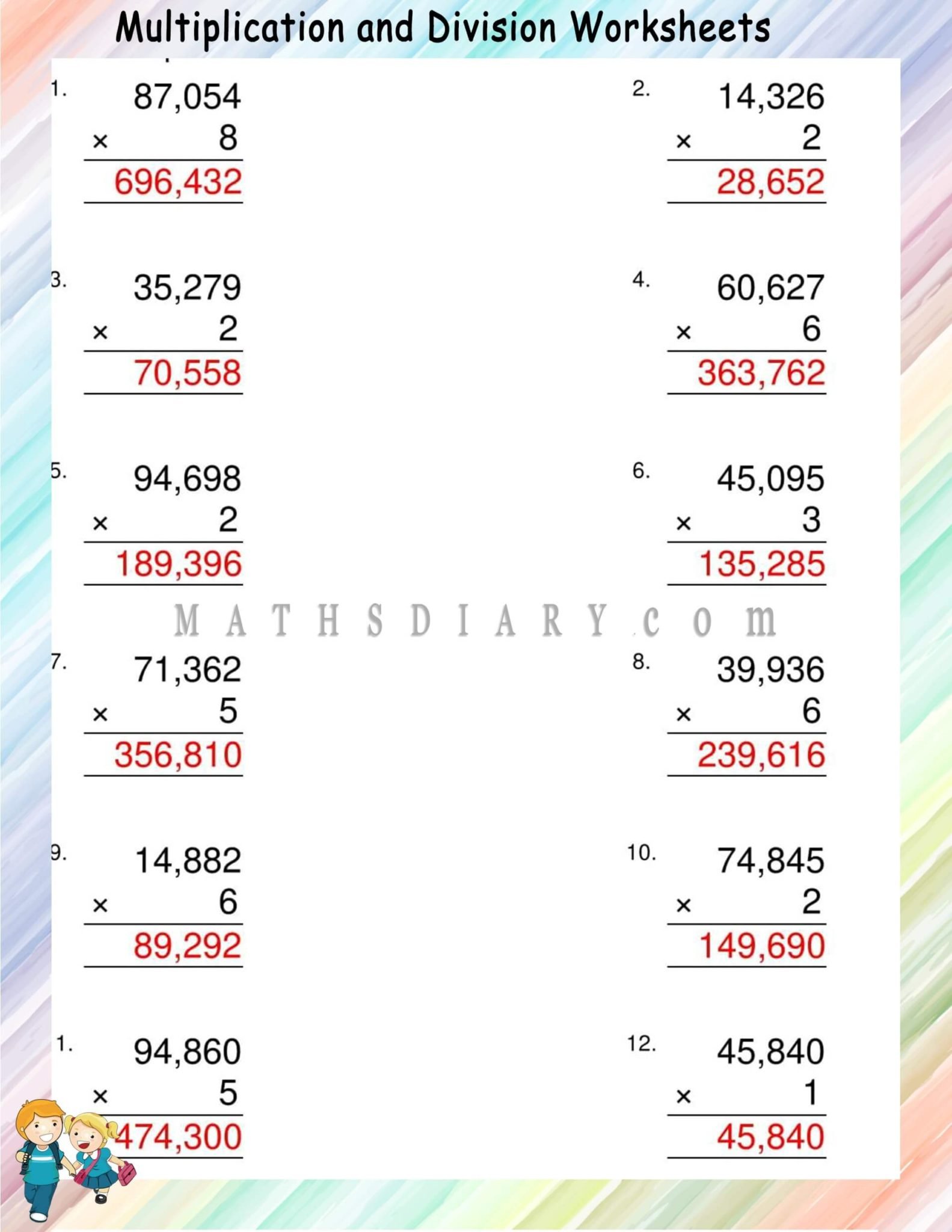 Multiplying 5-digit number by 1-digit number worksheets - Math ...