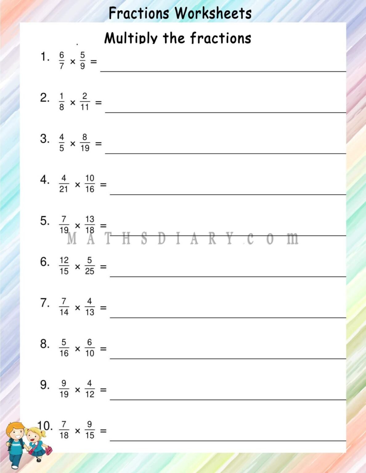 Multiplying simple fractions worksheets - Math Worksheets - MathsDiary.com