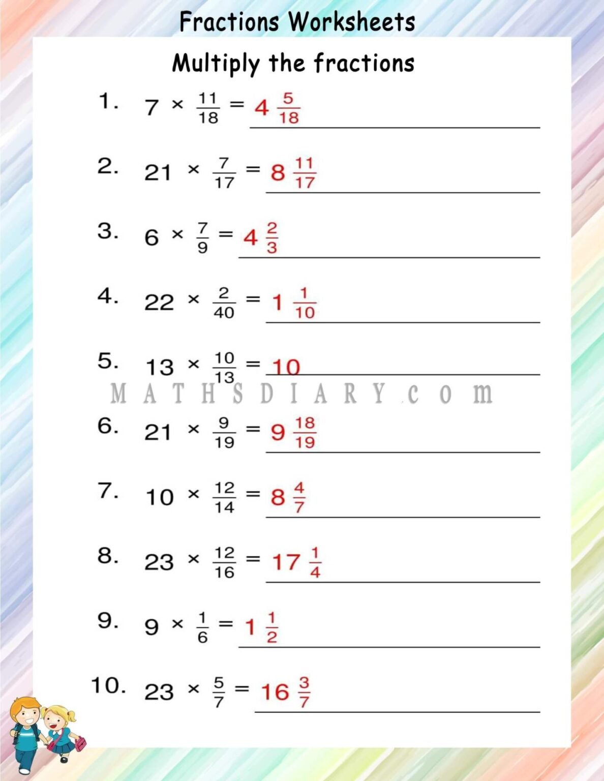 Multiplying proper fractions by whole number worksheets - Math ...