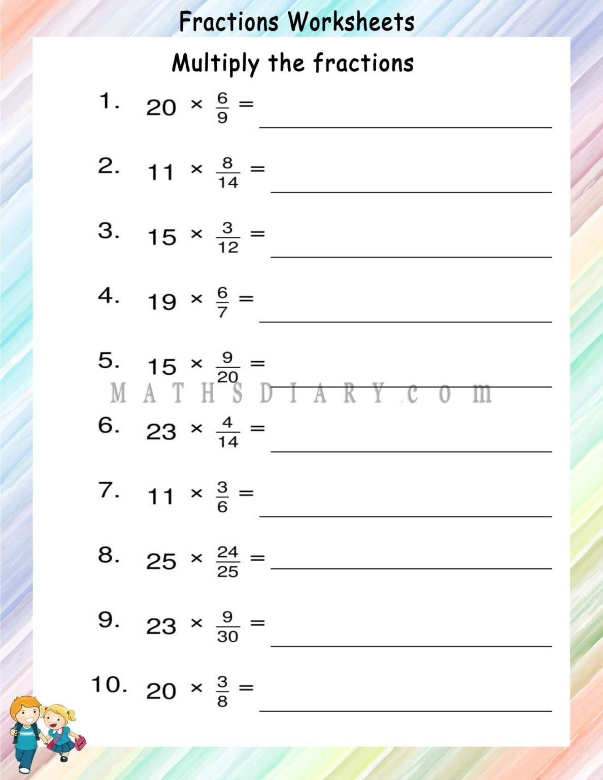 Multiplying proper fractions by whole number worksheets - Math ...