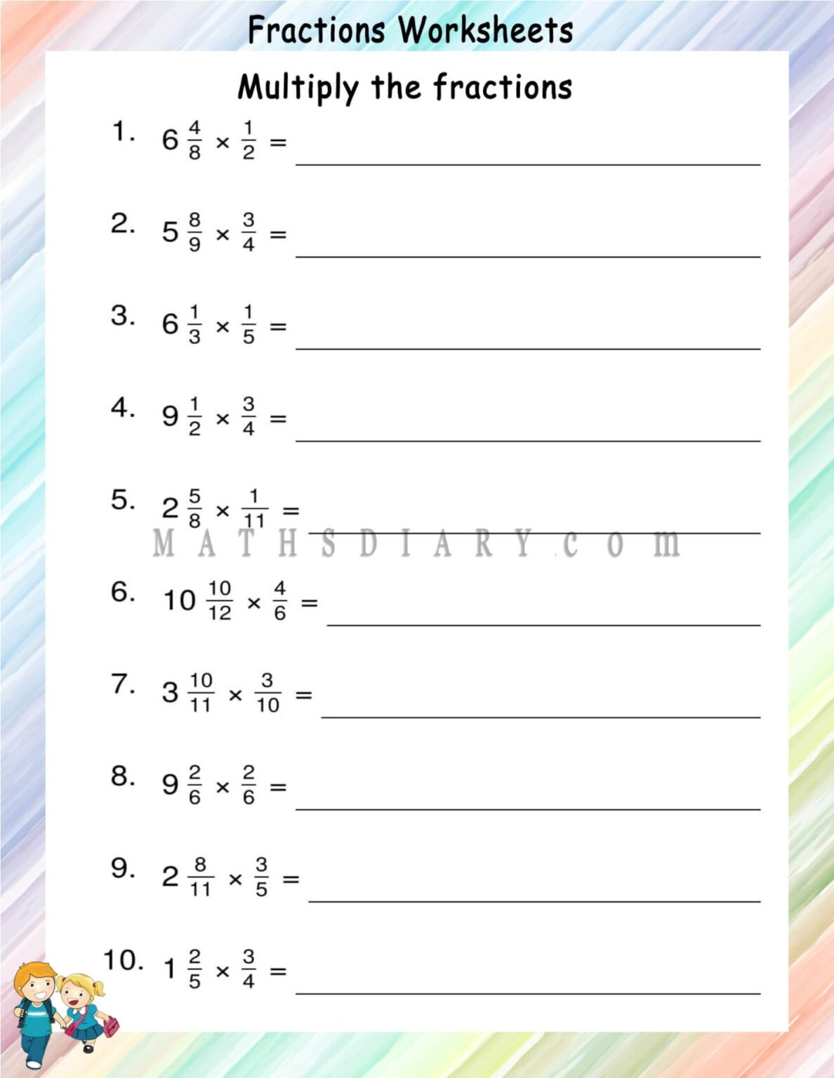 Multiplying mixed fractions by proper fractions worksheets - Math ...