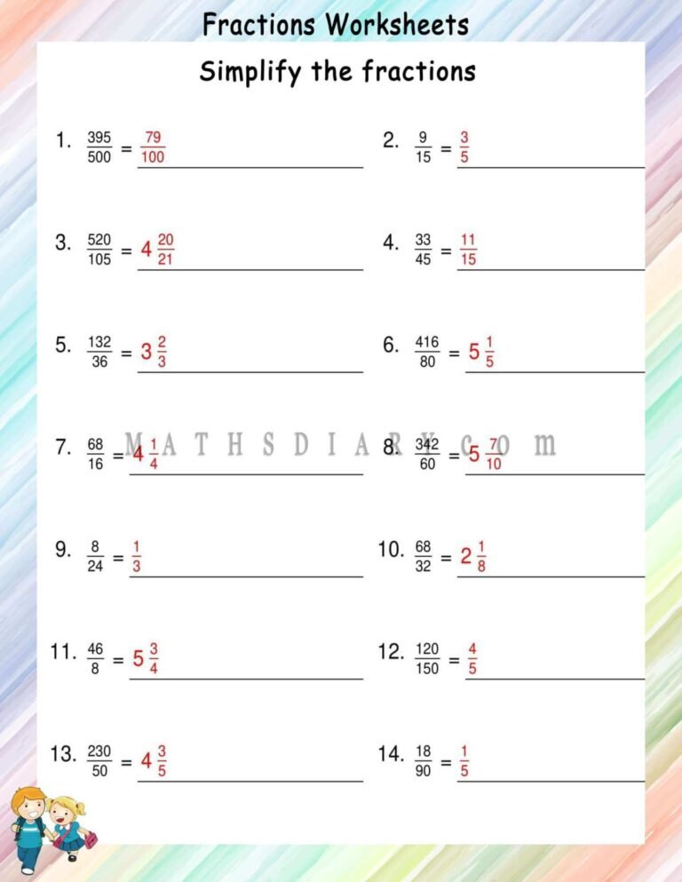 Simplify proper and improper fractions worksheets - Math Worksheets ...