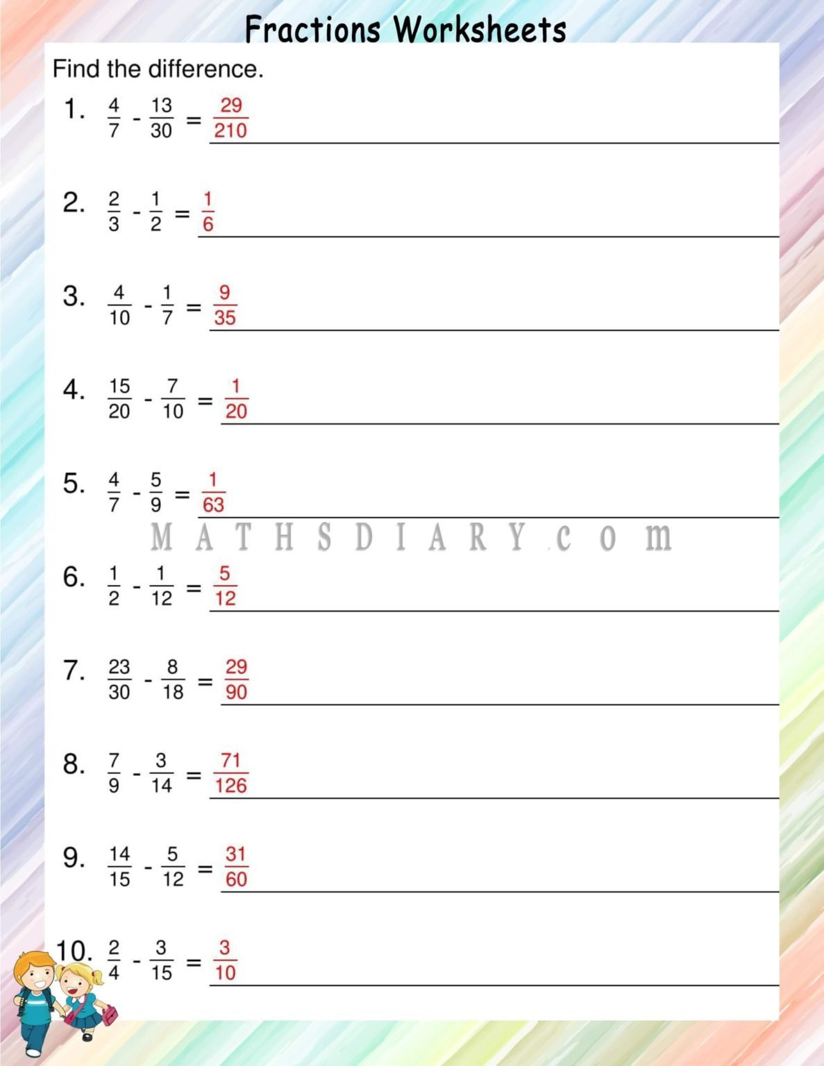 Subtracting unlike fractions hard worksheets - Math Worksheets ...