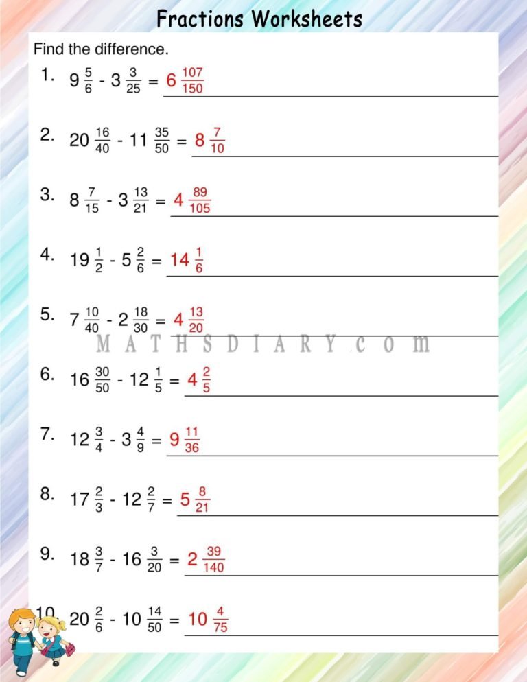 Subtracting unlike fractions hard worksheets - Math Worksheets ...