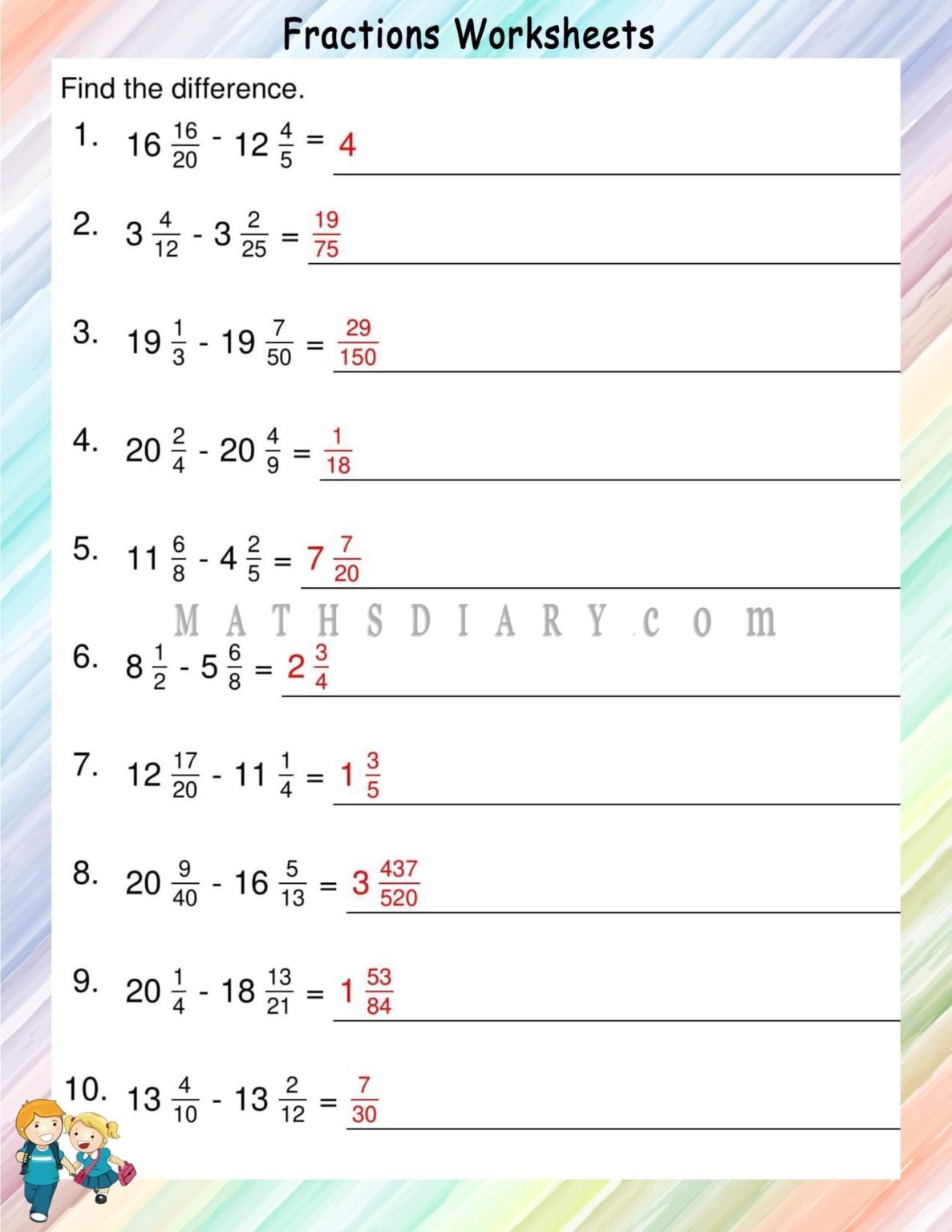 Subtracting unlike fractions hard worksheets - Math Worksheets ...