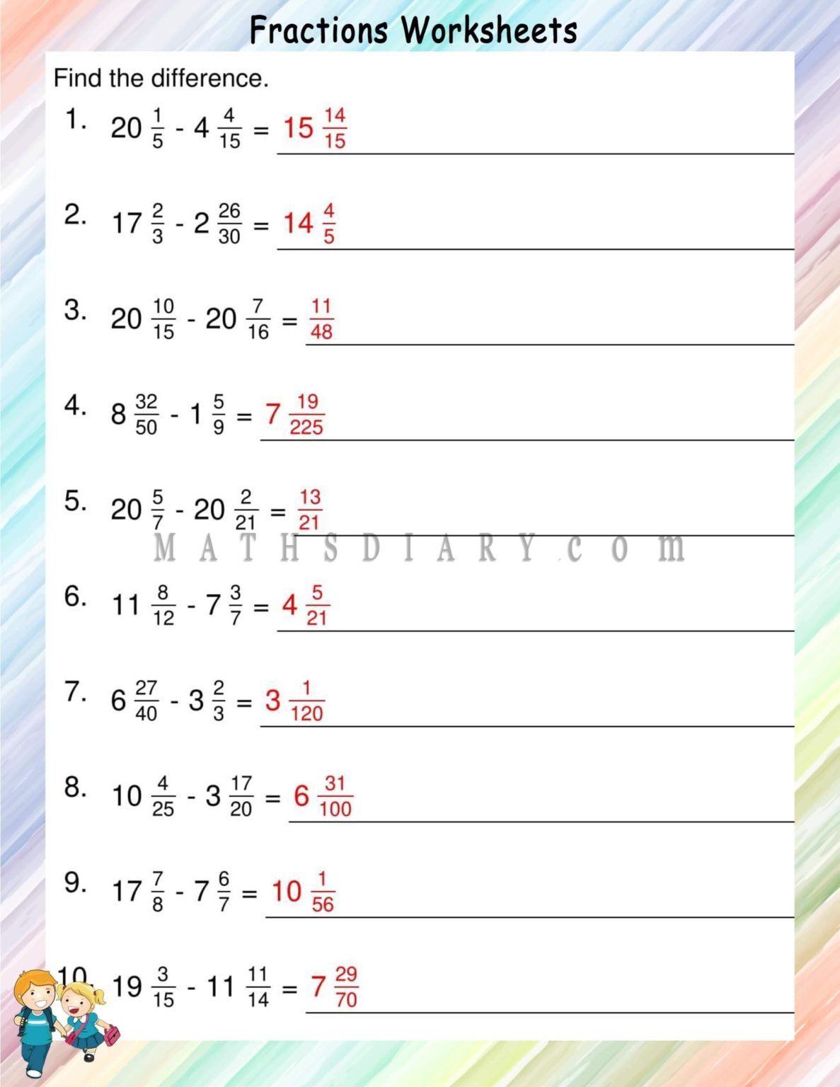 Subtracting unlike fractions hard worksheets - Math Worksheets ...