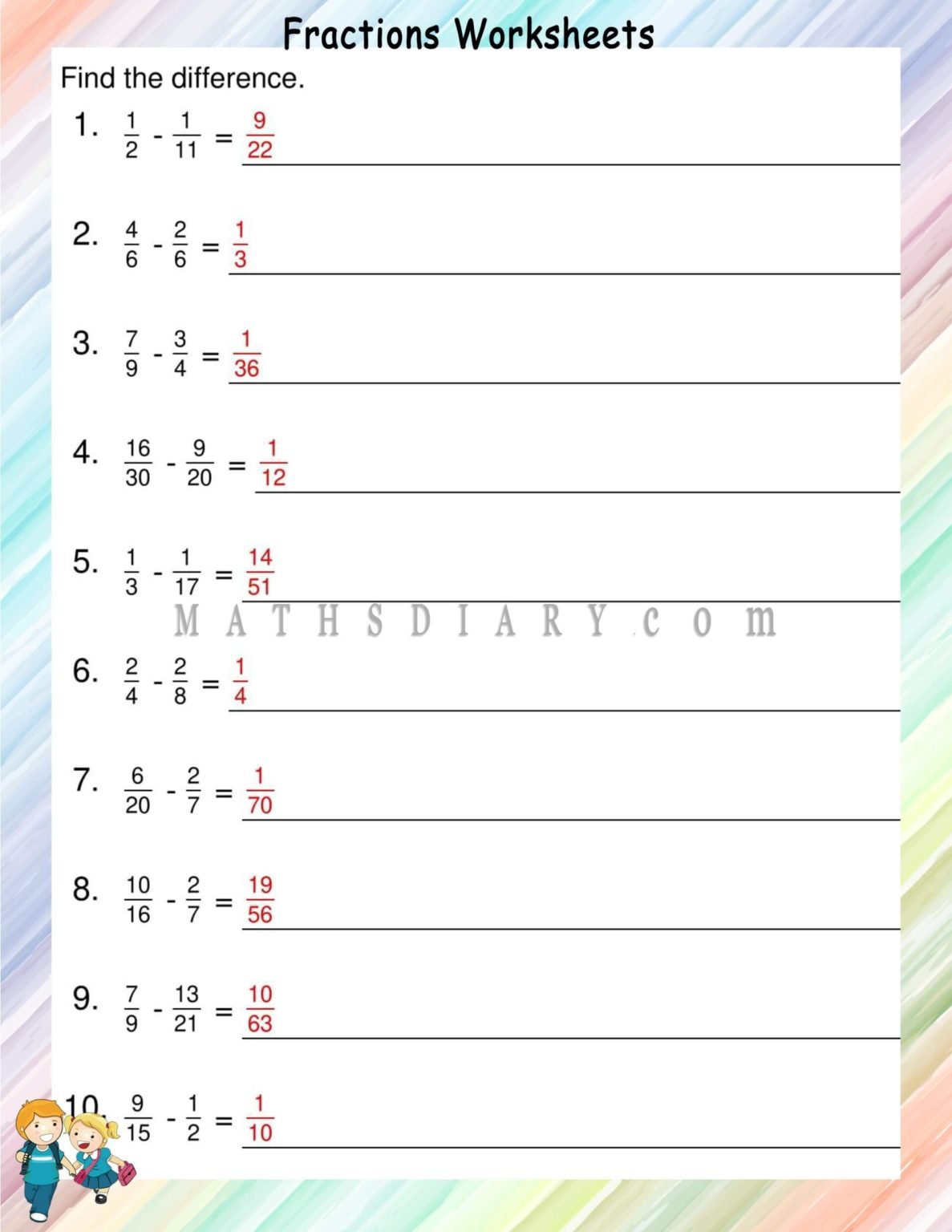 Subtracting unlike fractions hard worksheets - Math Worksheets ...
