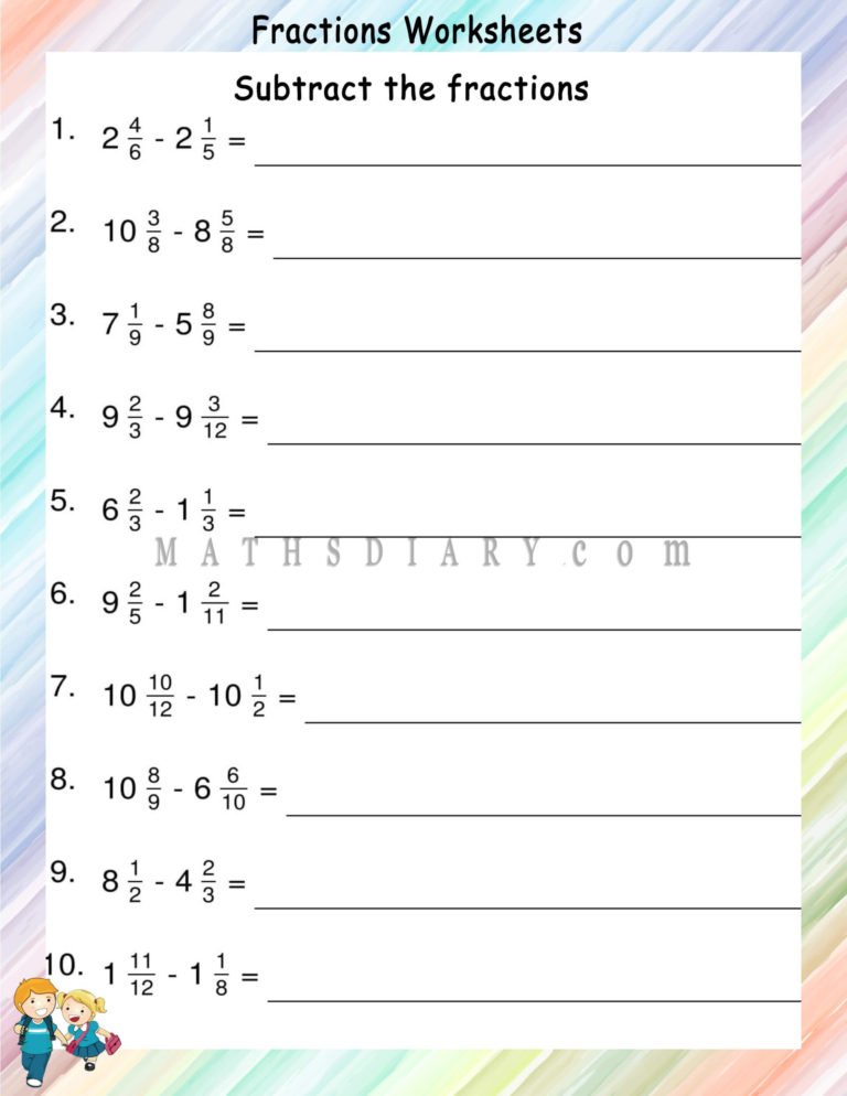 Subtracting Unlike fractions worksheets - Math Worksheets - MathsDiary.com