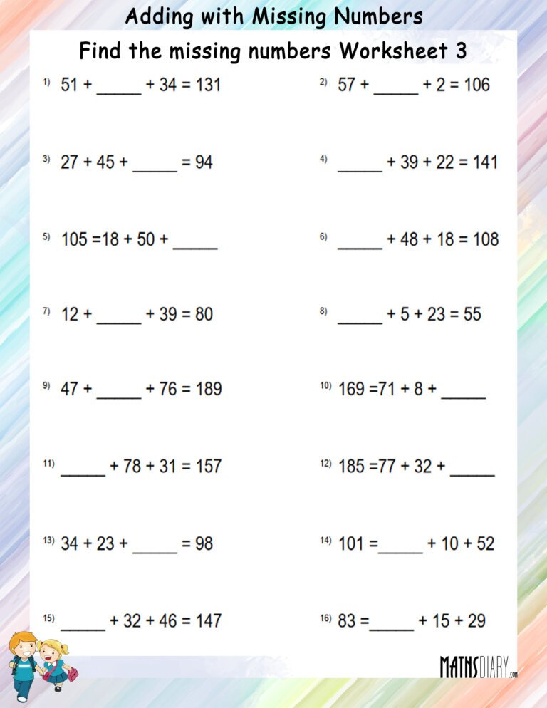 Find the missing addends Worksheets - Math Worksheets - MathsDiary.com
