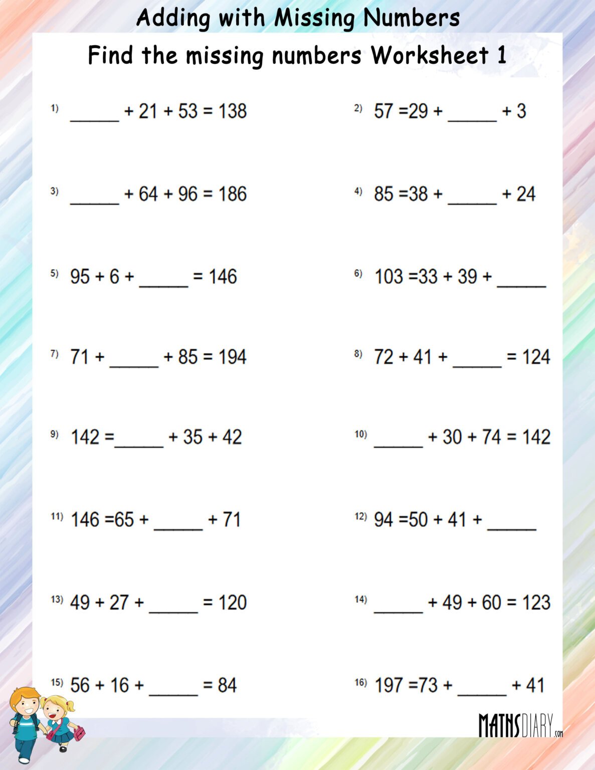 Find the missing addends Worksheets - Math Worksheets - MathsDiary.com