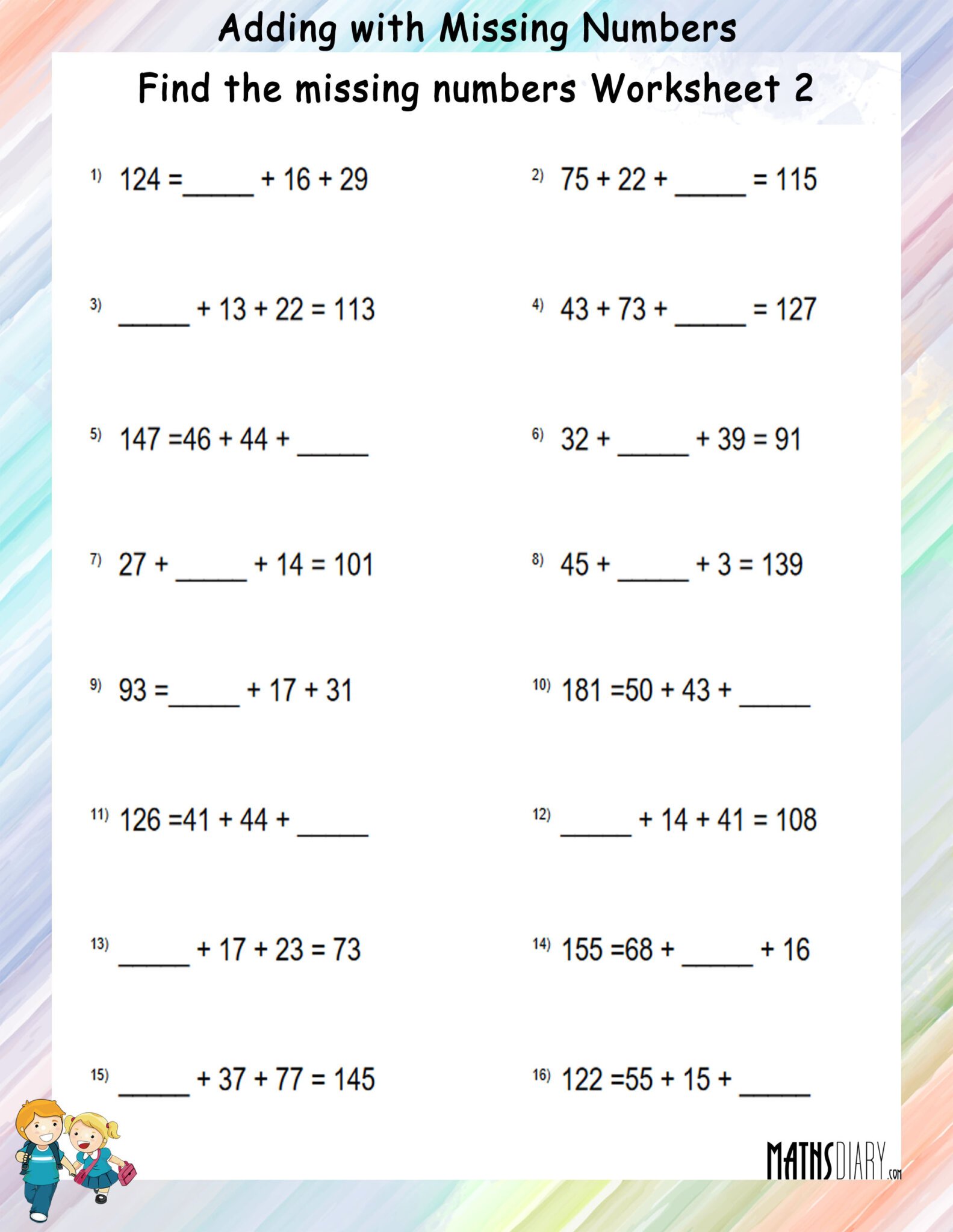 Find the missing addends Worksheets - Math Worksheets - MathsDiary.com