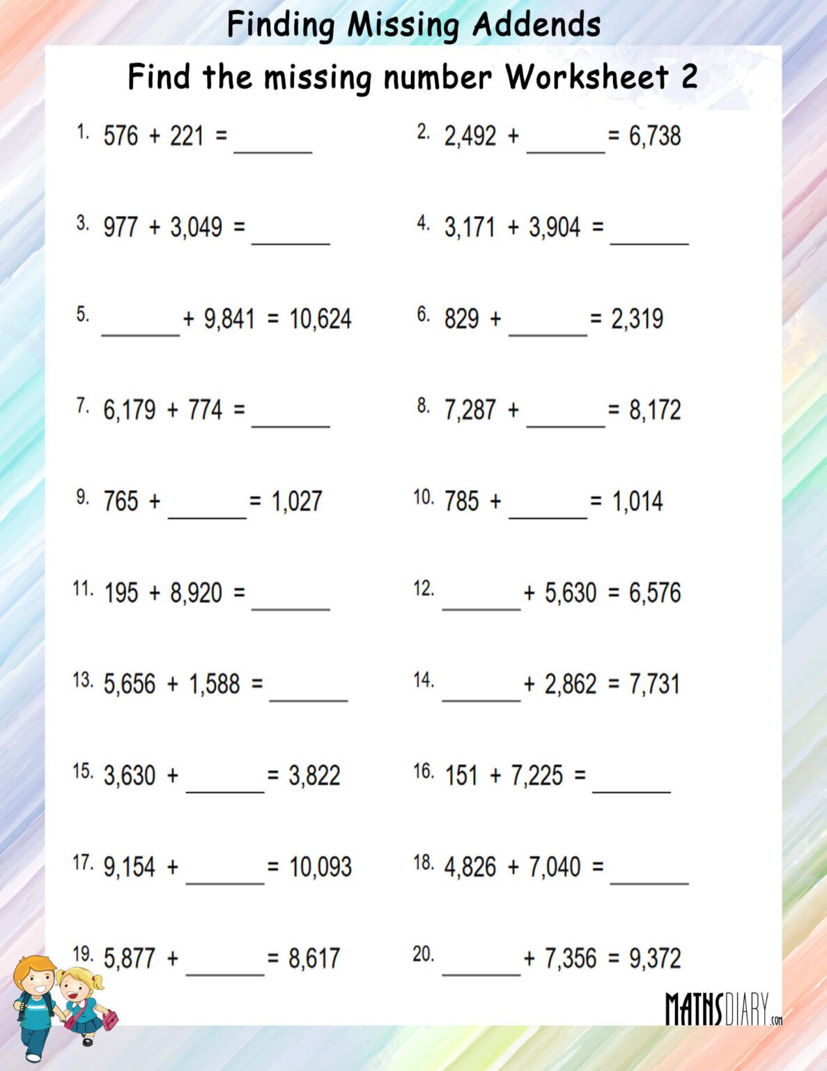 Finding the missing number in Addition Worksheets - Math Worksheets ...
