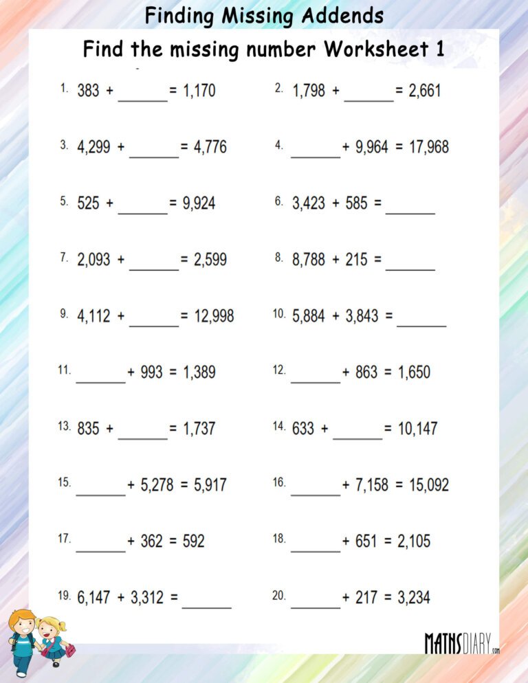 Finding the missing number in Addition Worksheets - Math Worksheets ...