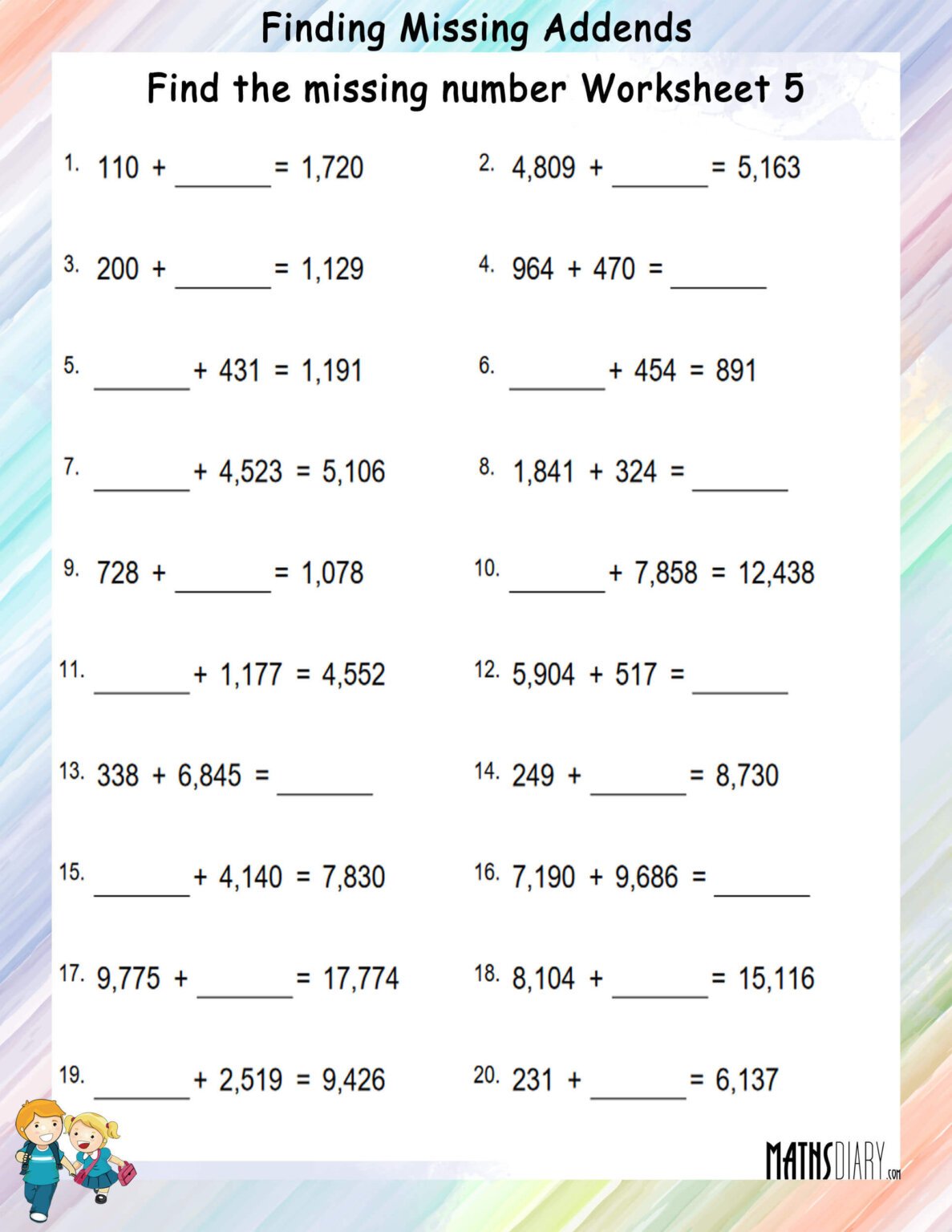 Finding the missing number in Addition Worksheets - Math Worksheets ...