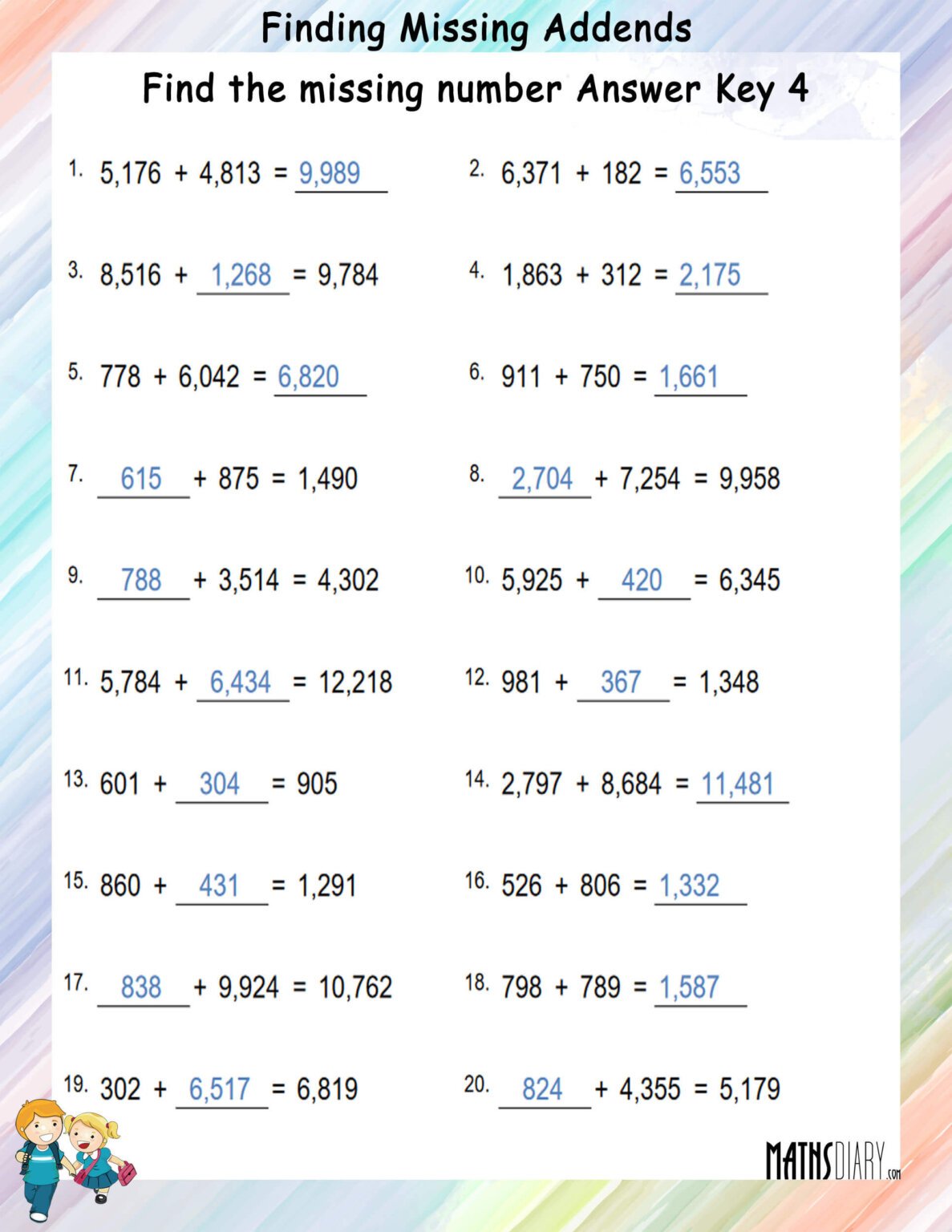 Finding the missing number in Addition Worksheets - Math Worksheets ...