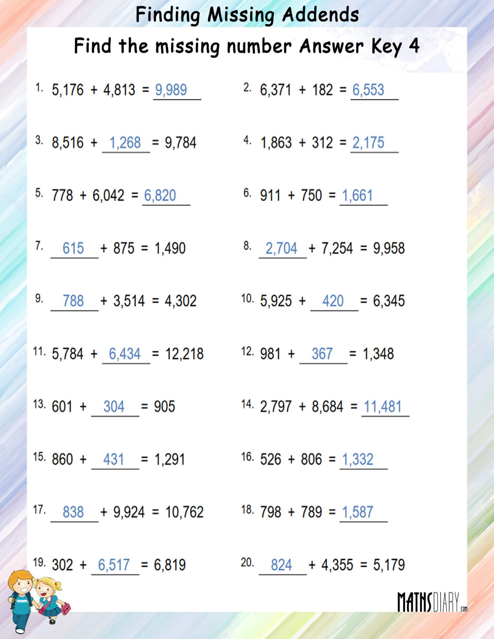 Finding the missing number in Addition Worksheets - Math Worksheets ...