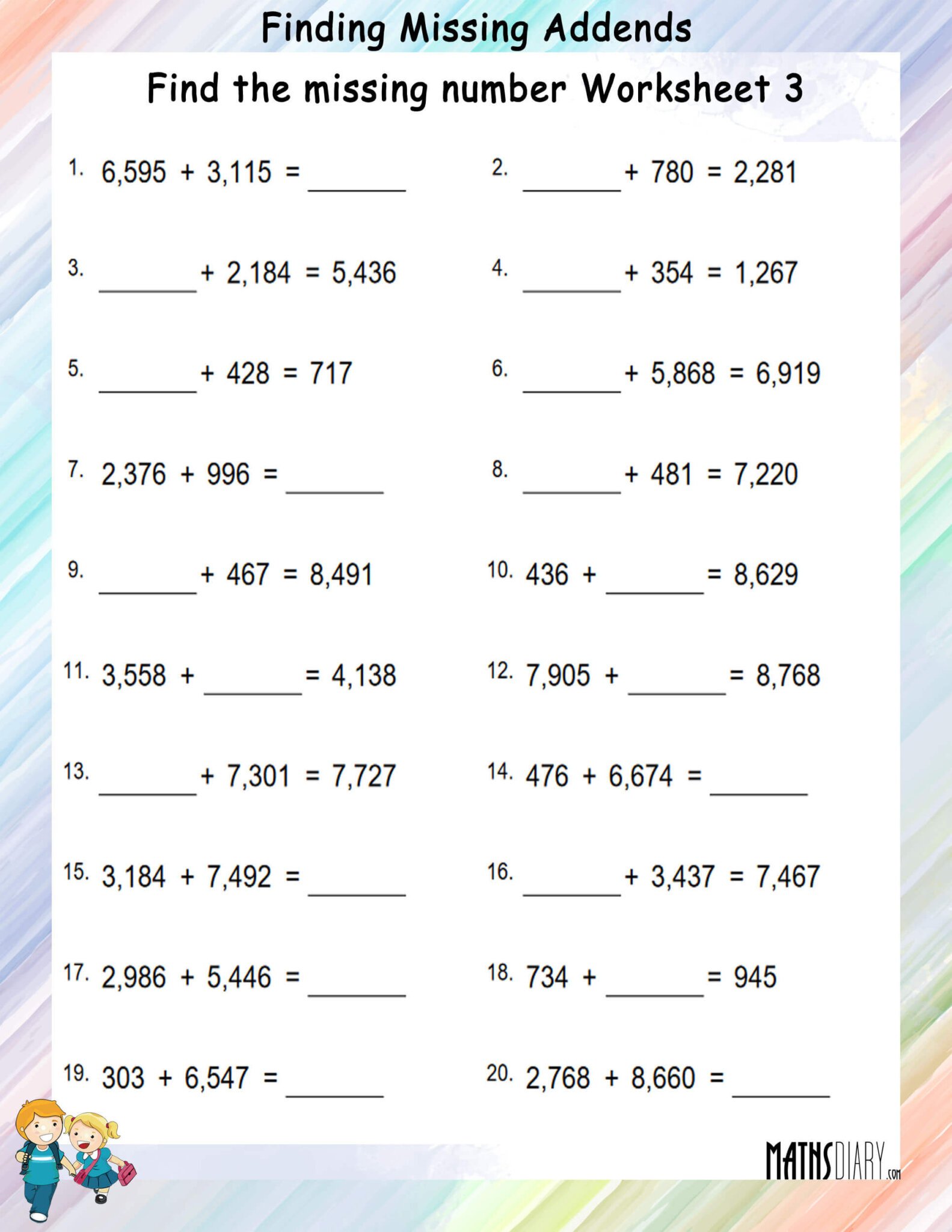 Finding the missing number in Addition Worksheets - Math Worksheets ...