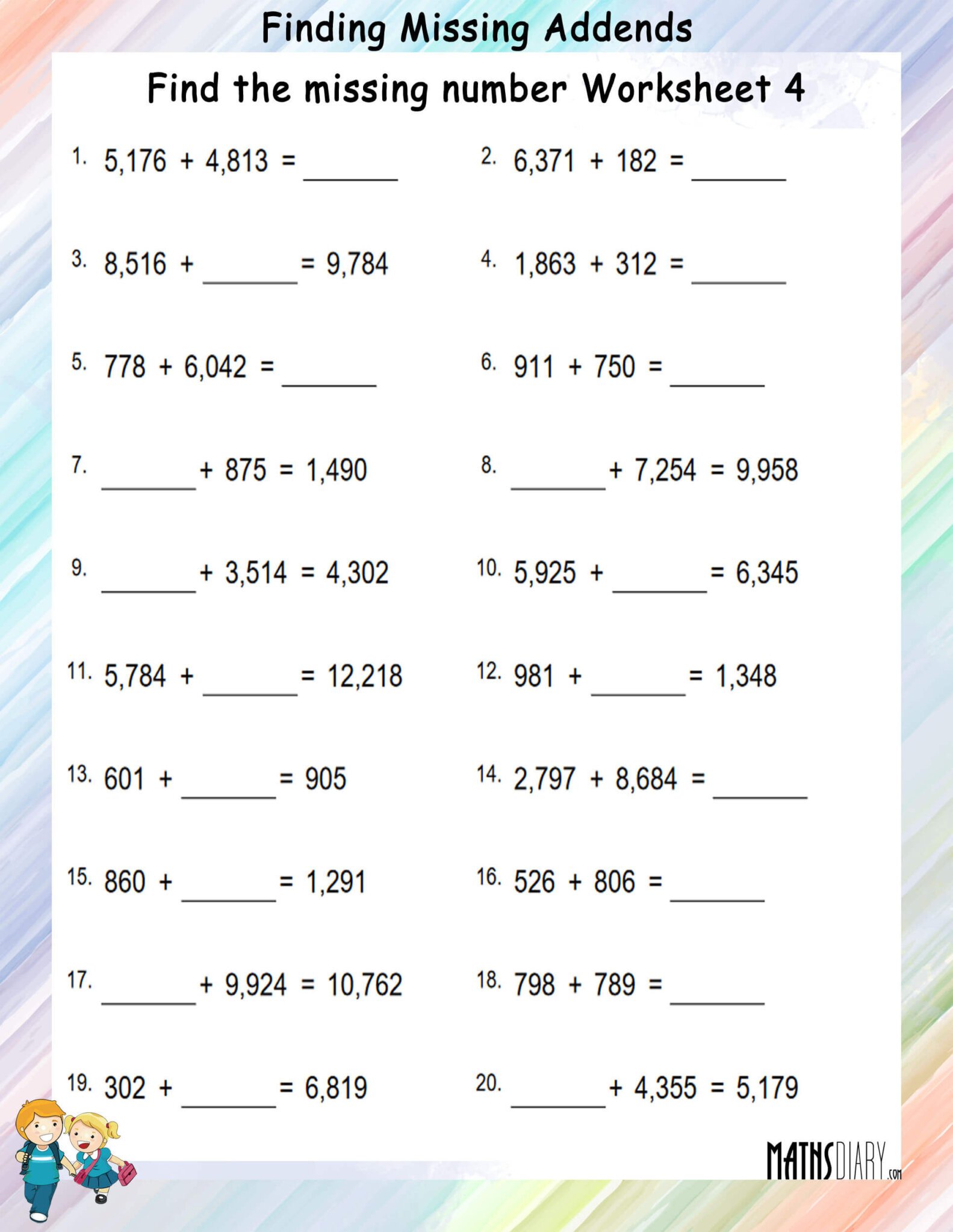 Finding the missing number in Addition Worksheets - Math Worksheets ...