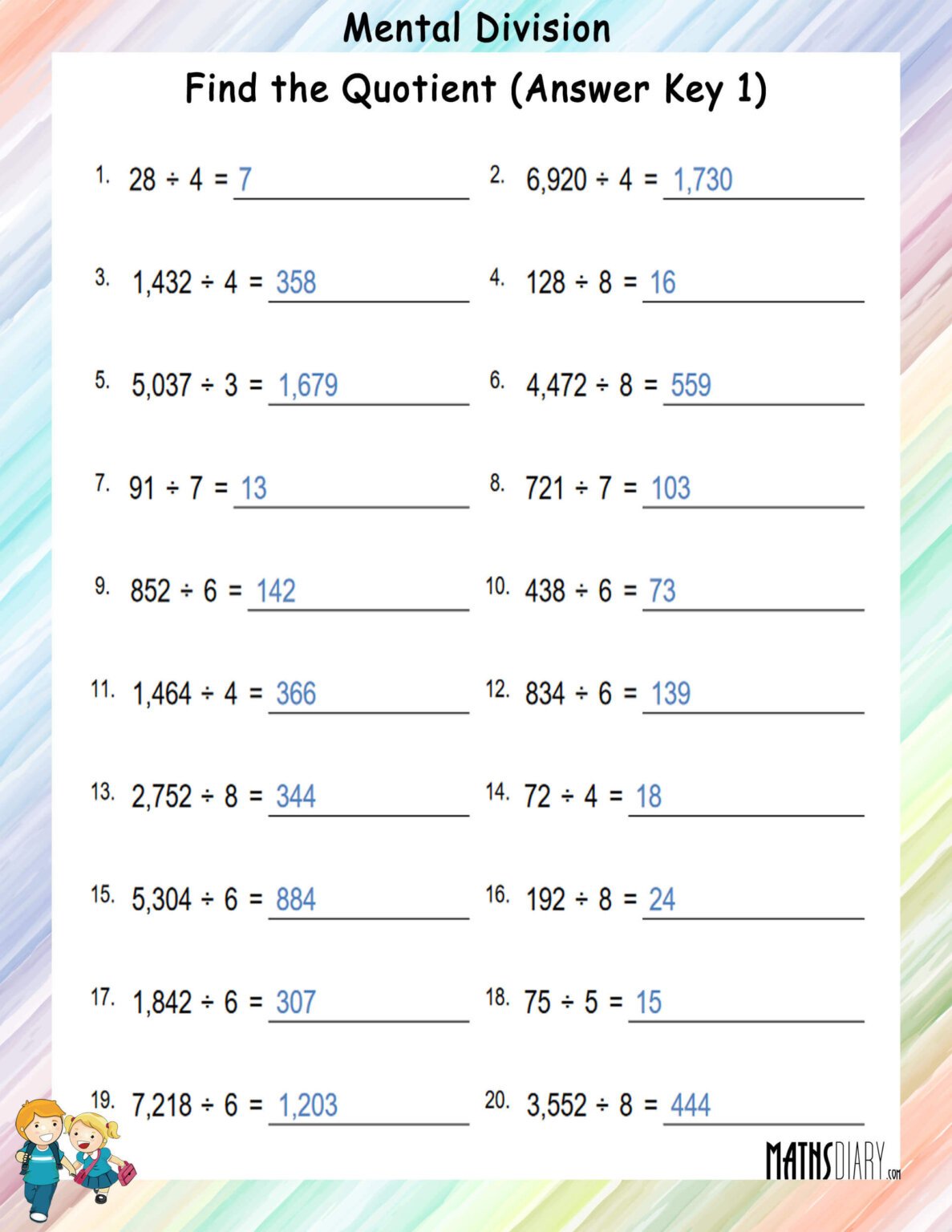 Mental and Oral Division Worksheets - Math Worksheets - MathsDiary.com