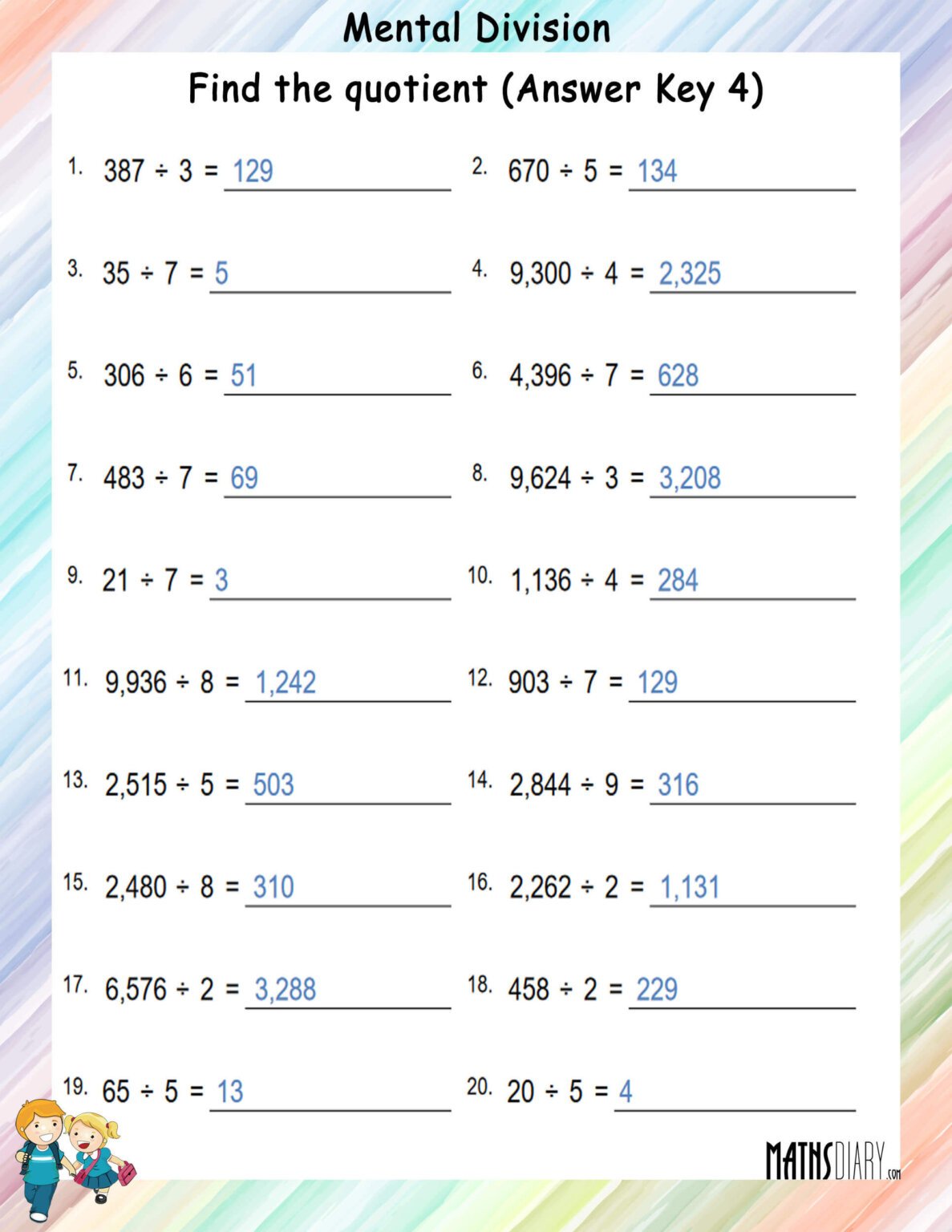 Mental and Oral Division Worksheets - Math Worksheets - MathsDiary.com