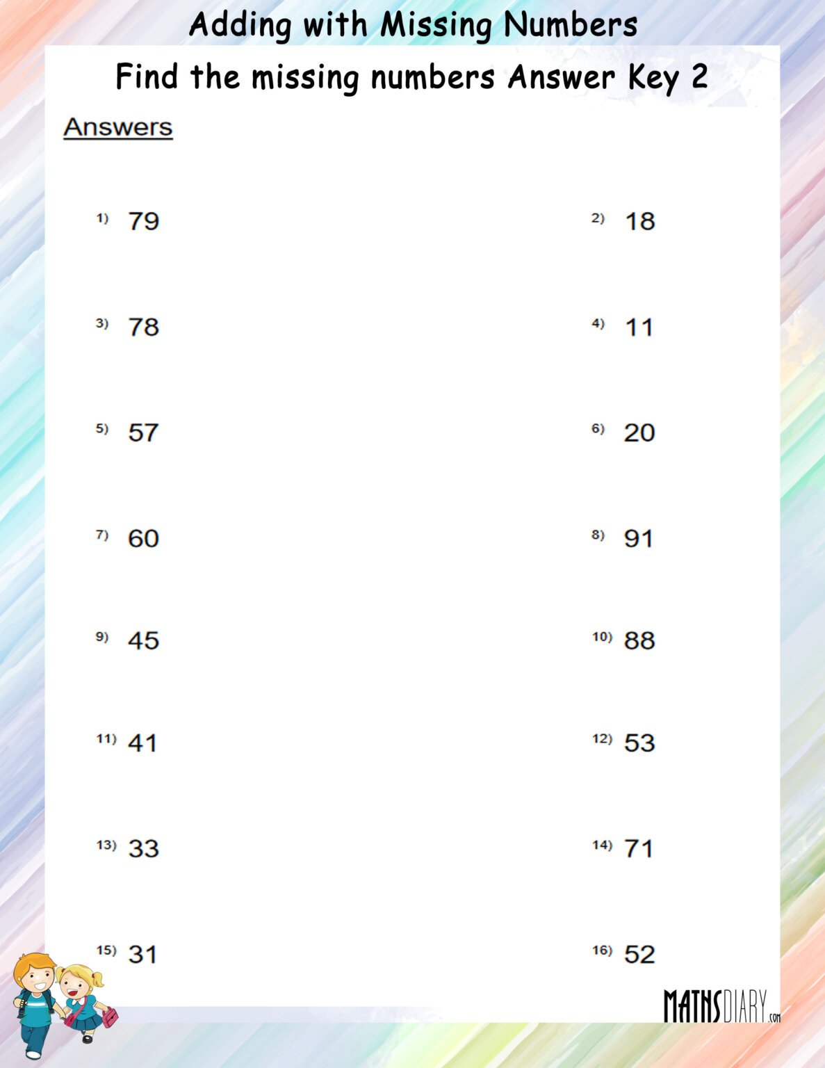 Find the missing addends Worksheets - Math Worksheets - MathsDiary.com