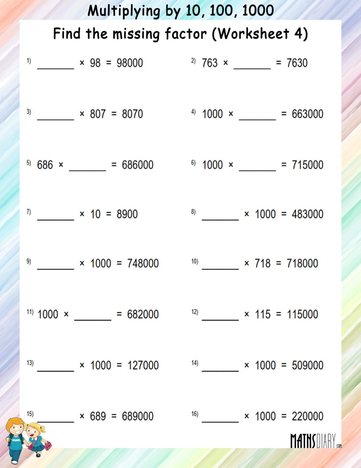 Multiplication by 10, 100 or 1000 or Finding the missing factor ...