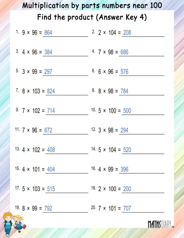 Multiplication by parts of numbers near 100 Worksheets - Math ...