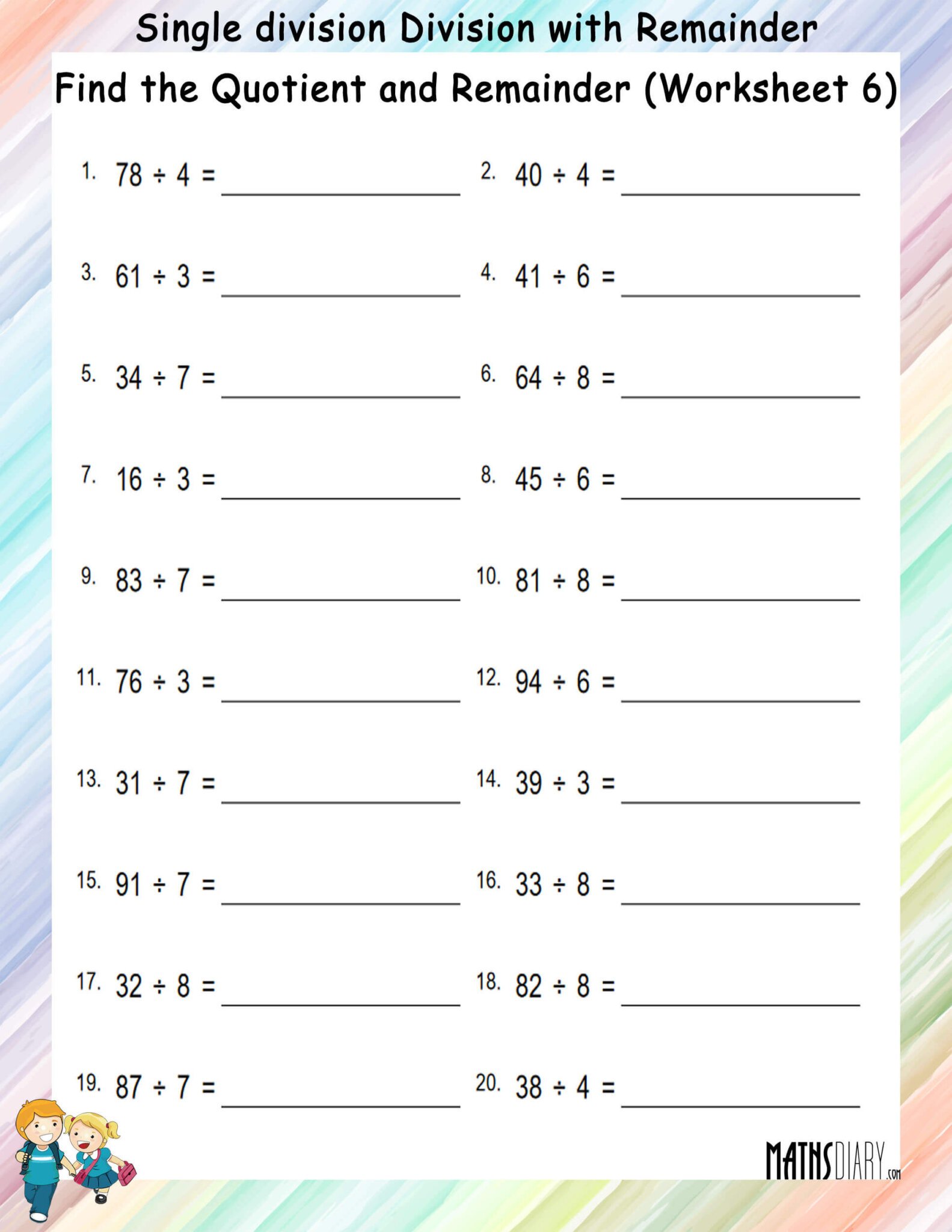 Single digit division with remainder Worksheets - Math Worksheets ...