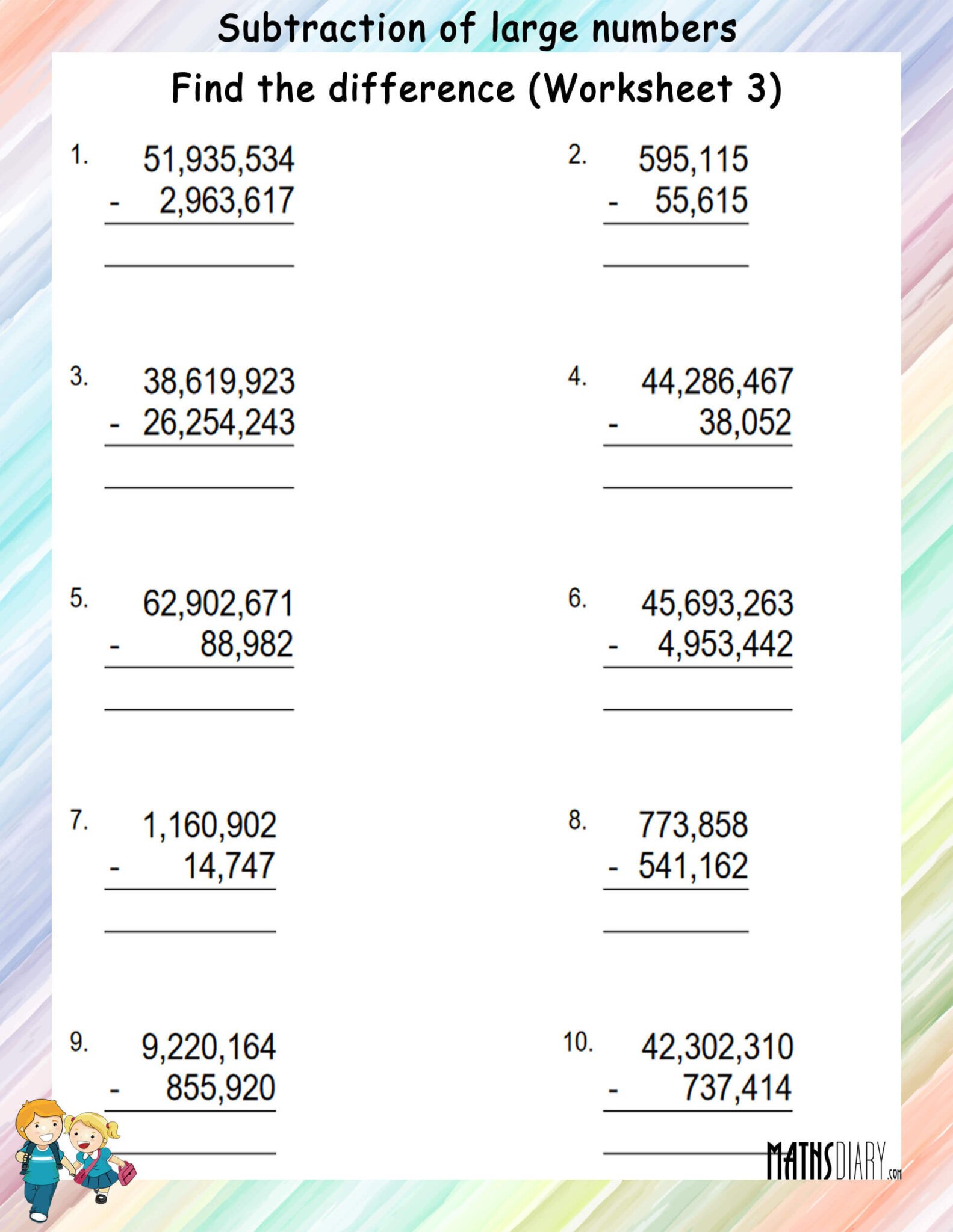 Subtract large number in columns - Math Worksheets - MathsDiary.com