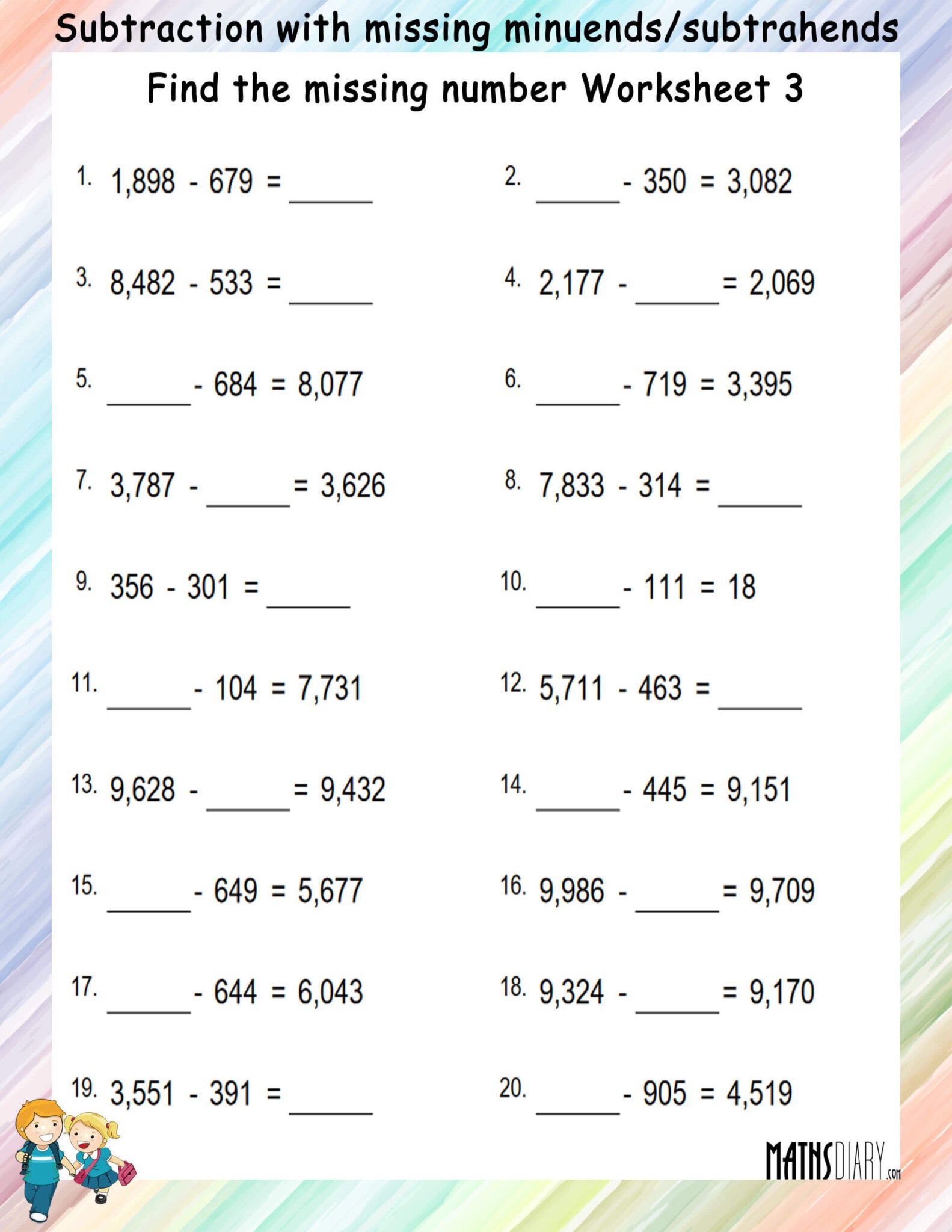 Subtraction with missing minuend and subtrahend Worksheets - Math ...