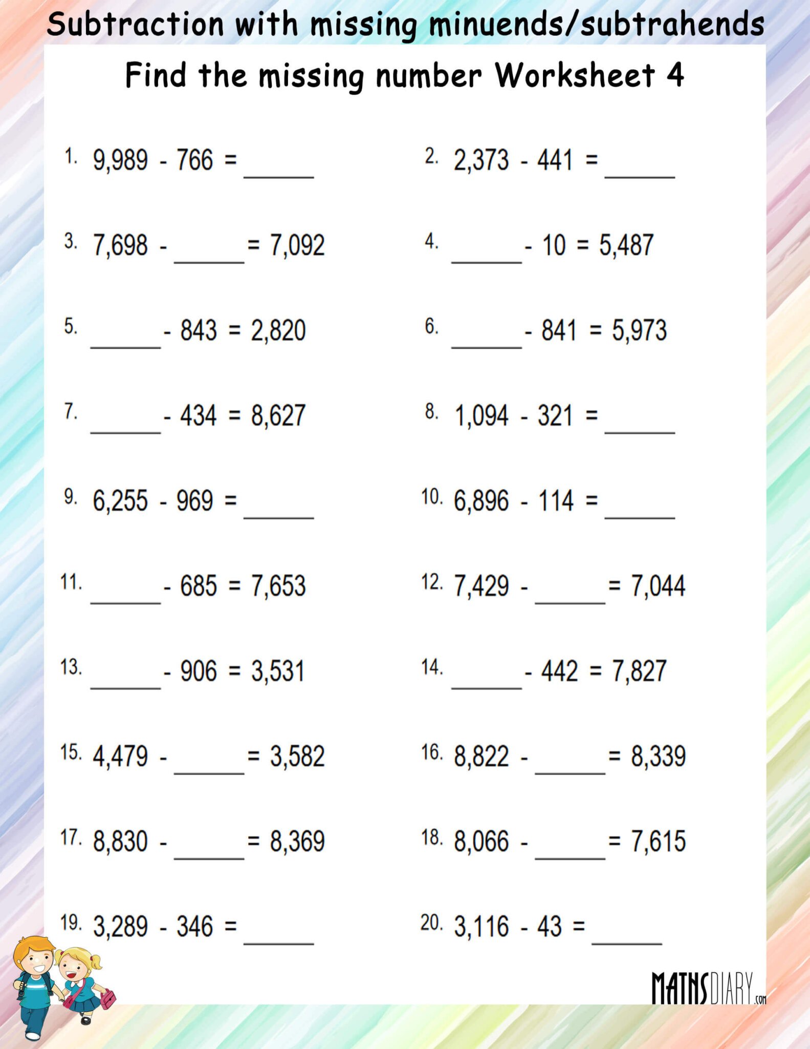 Subtraction with missing minuend and subtrahend Worksheets - Math ...