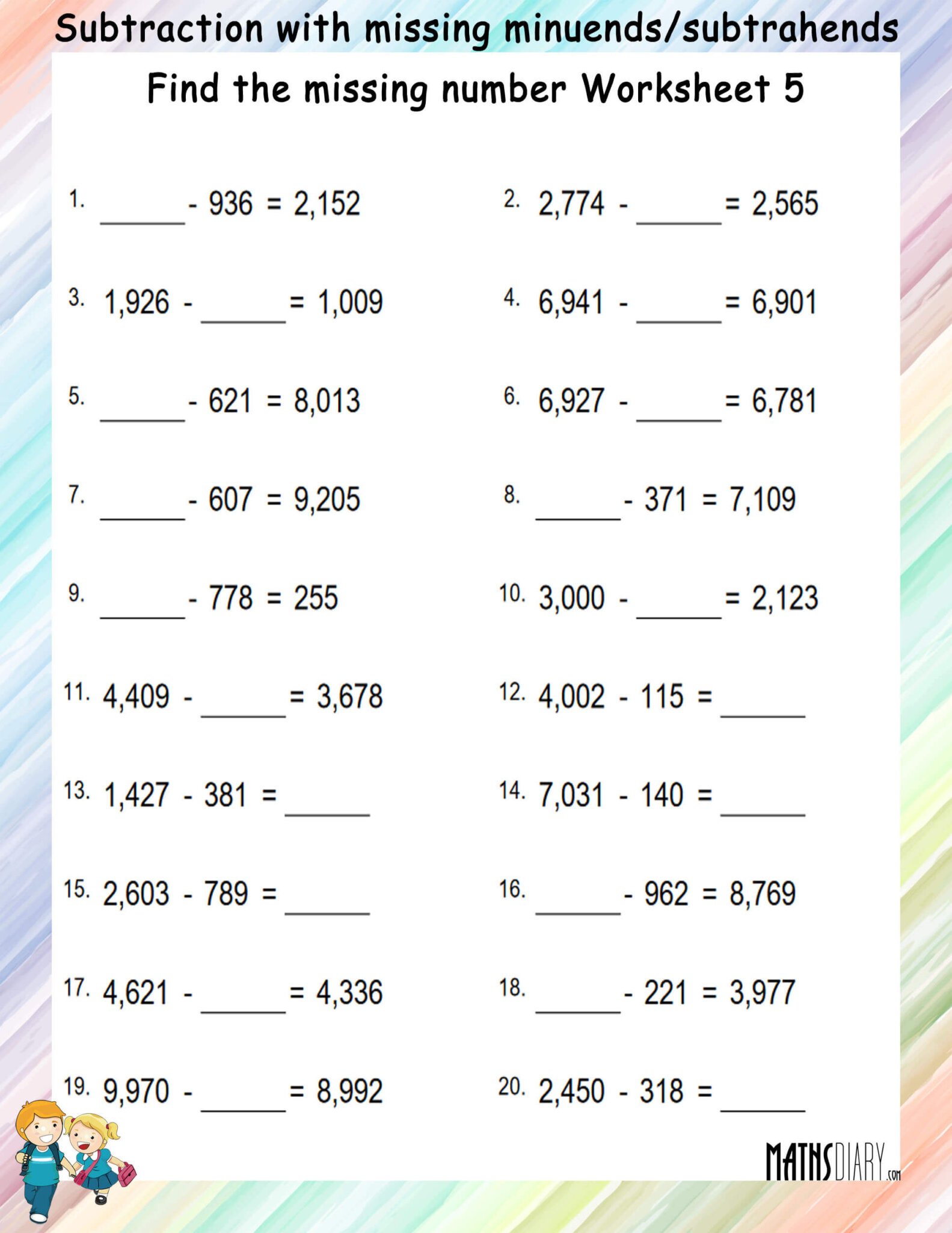 Subtraction with missing minuend and subtrahend Worksheets - Math Worksheets - MathsDiary.com