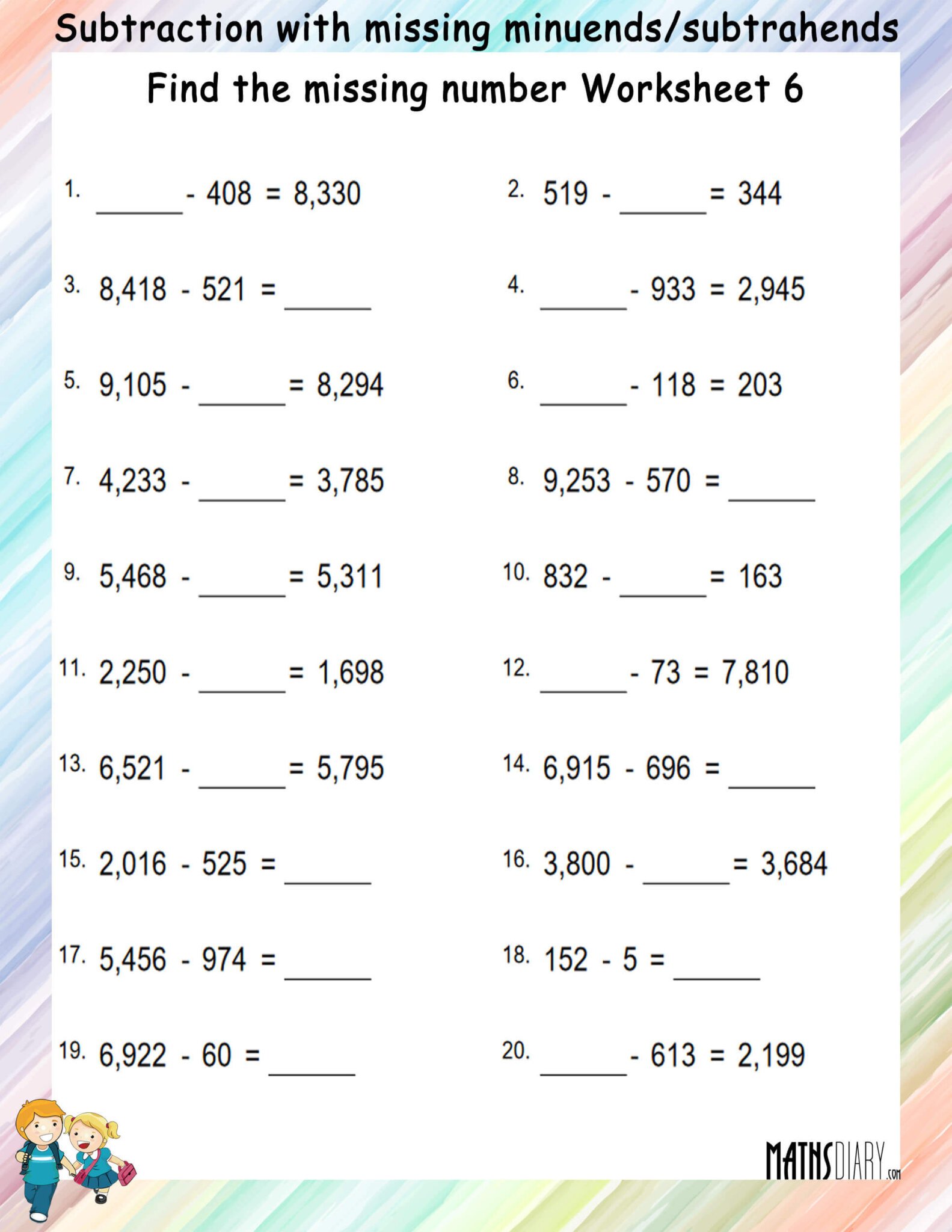 Subtraction with missing minuend and subtrahend Worksheets - Math ...