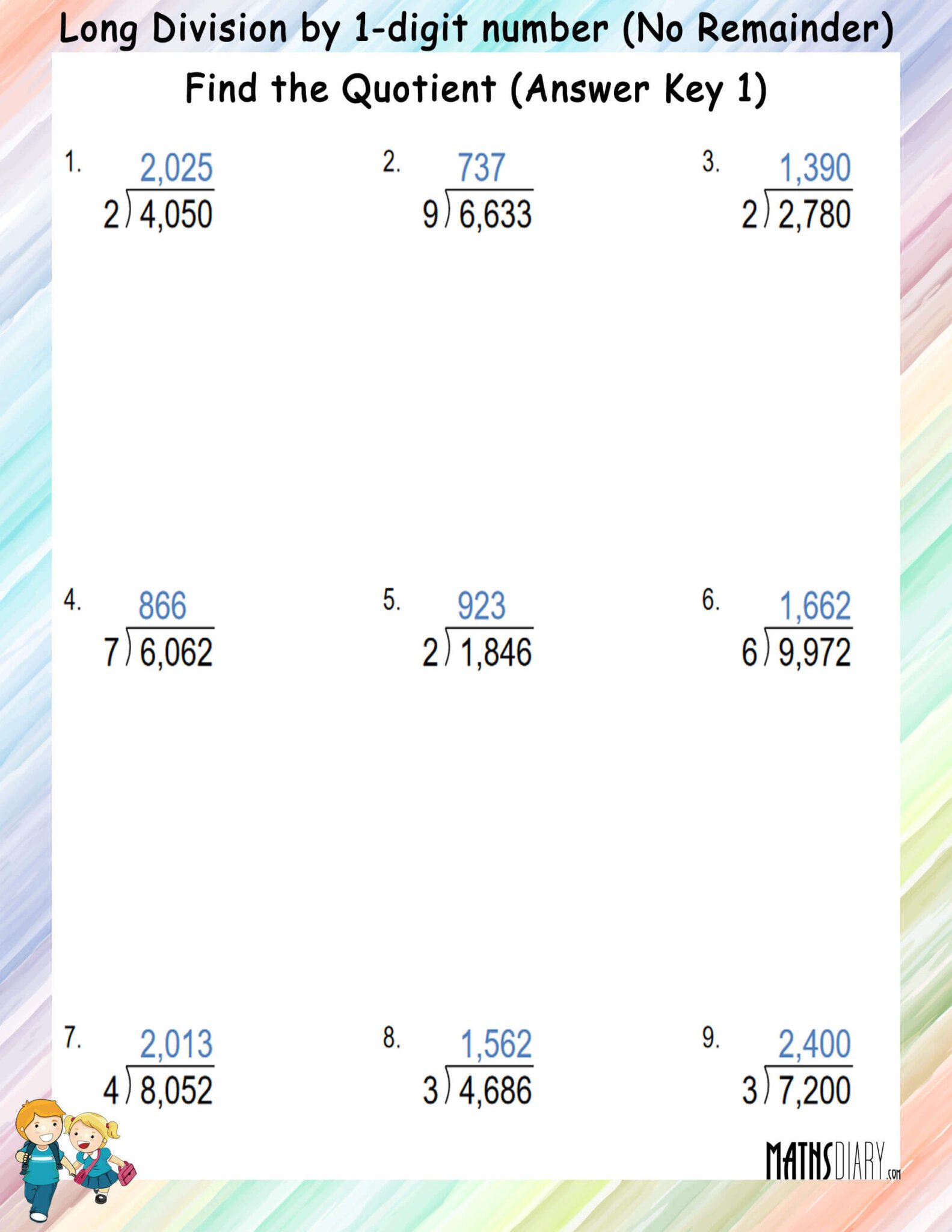 Long Division by 1-digit number leaving No Remainder Worksheets - Math ...