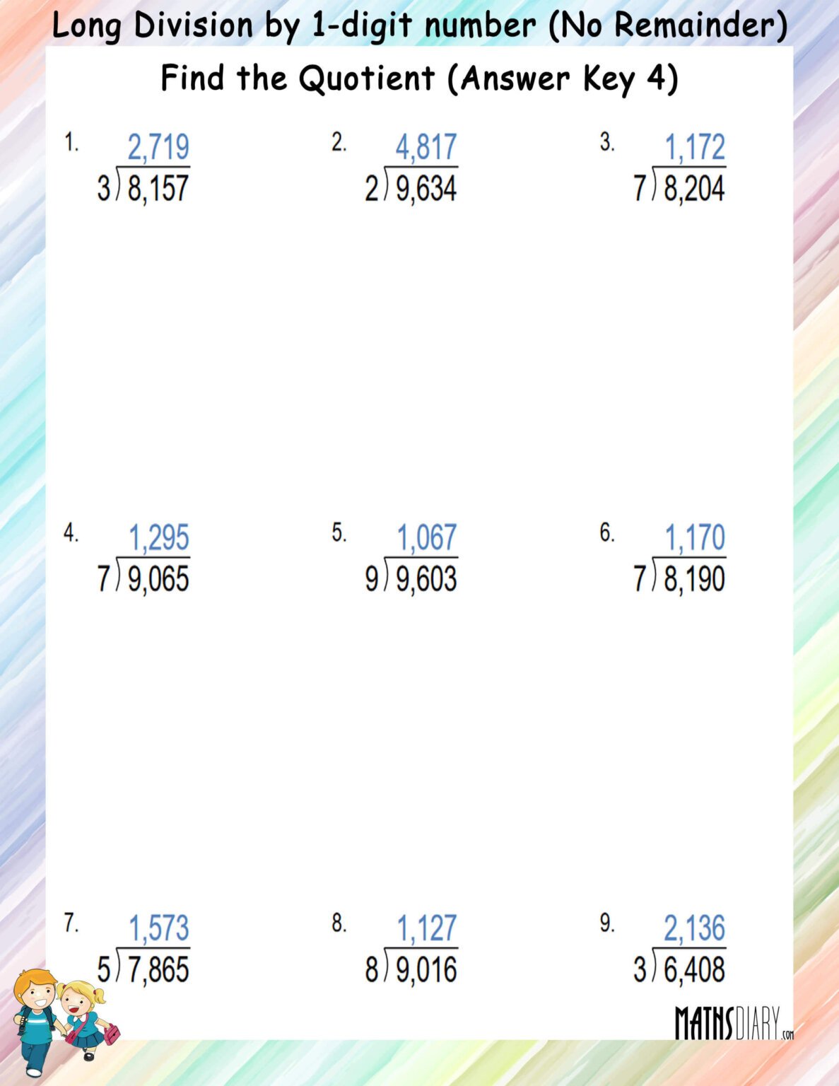 Long Division by 1-digit number leaving No Remainder Worksheets - Math ...