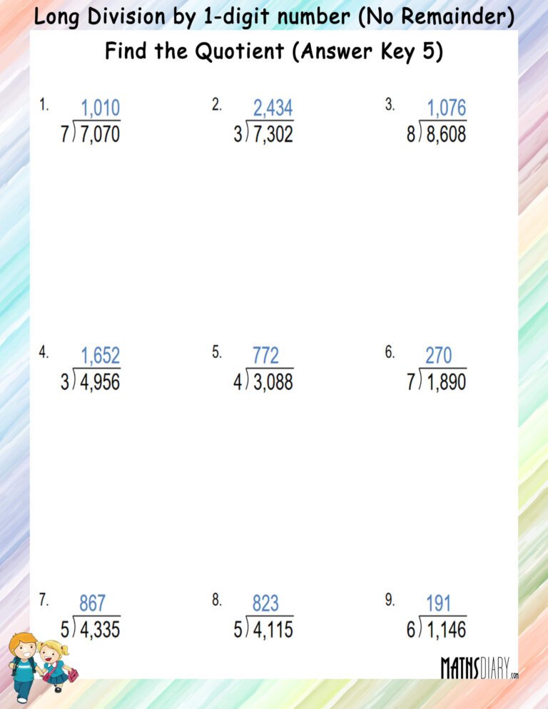 Long Division by 1-digit number leaving No Remainder Worksheets - Math ...