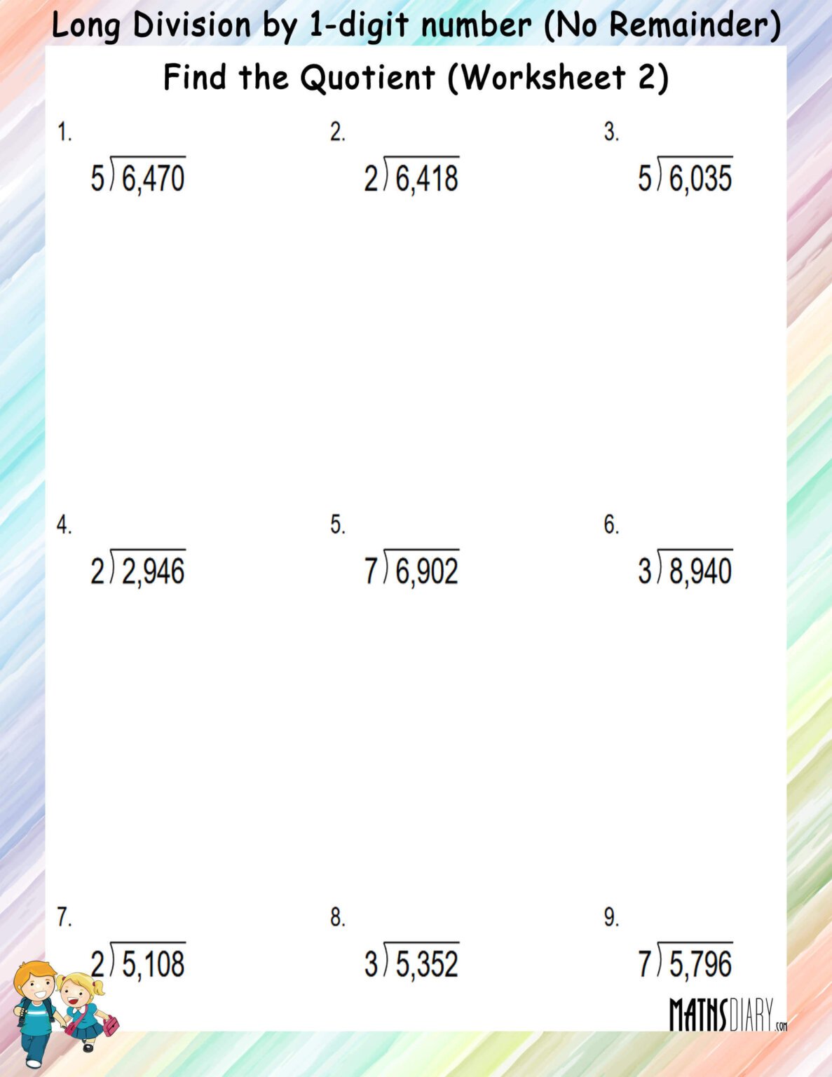 Long Division by 1-digit number leaving No Remainder Worksheets - Math ...