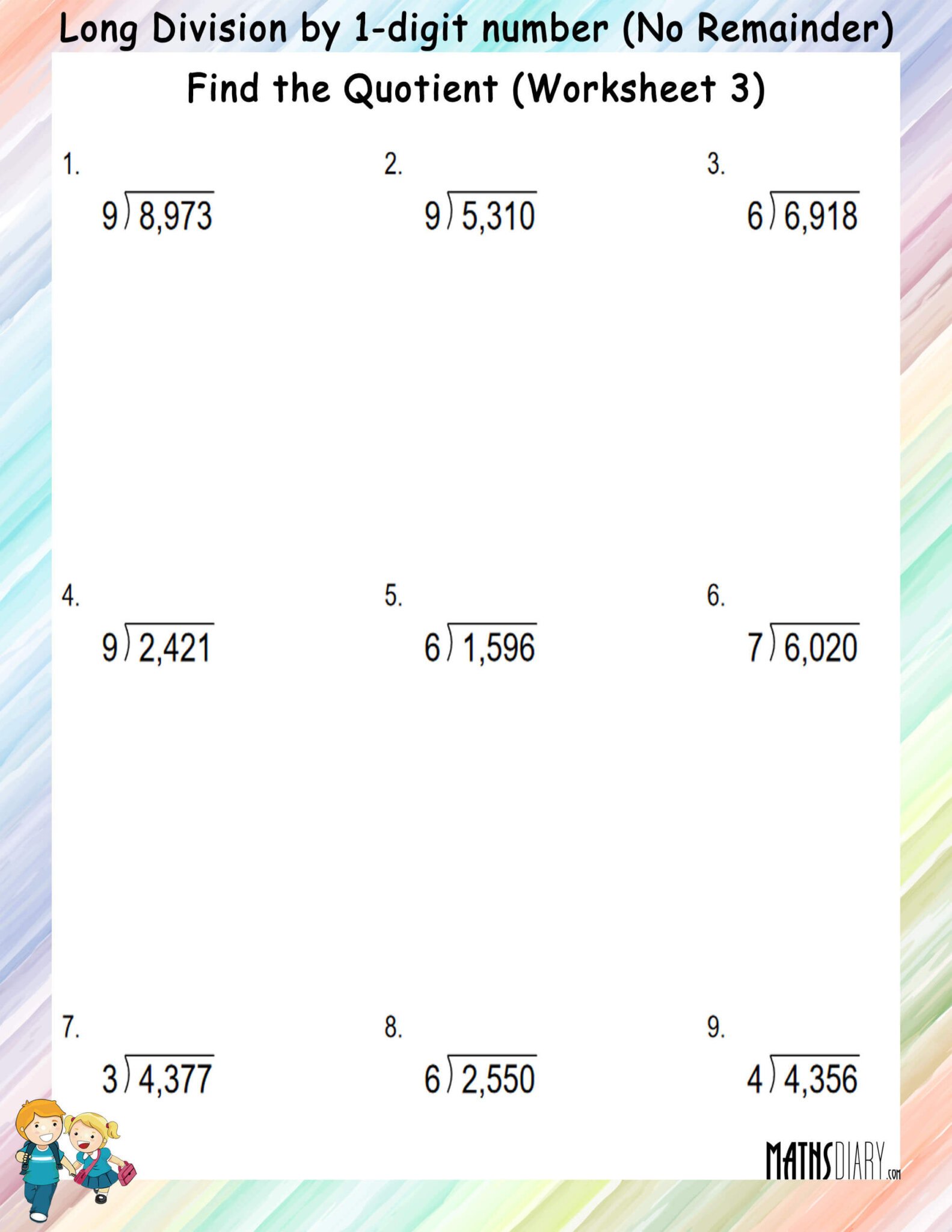 Long Division by 1-digit number leaving No Remainder Worksheets - Math ...
