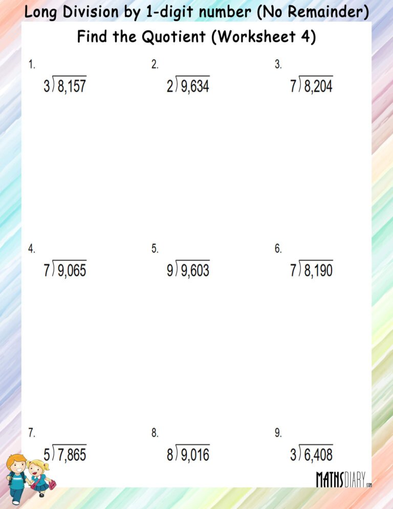 Long Division by 1-digit number leaving No Remainder Worksheets - Math ...