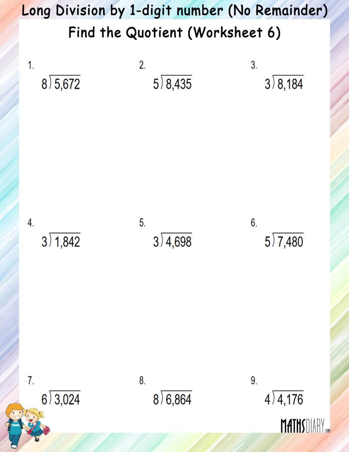 Long Division by 1-digit number leaving No Remainder Worksheets - Math ...