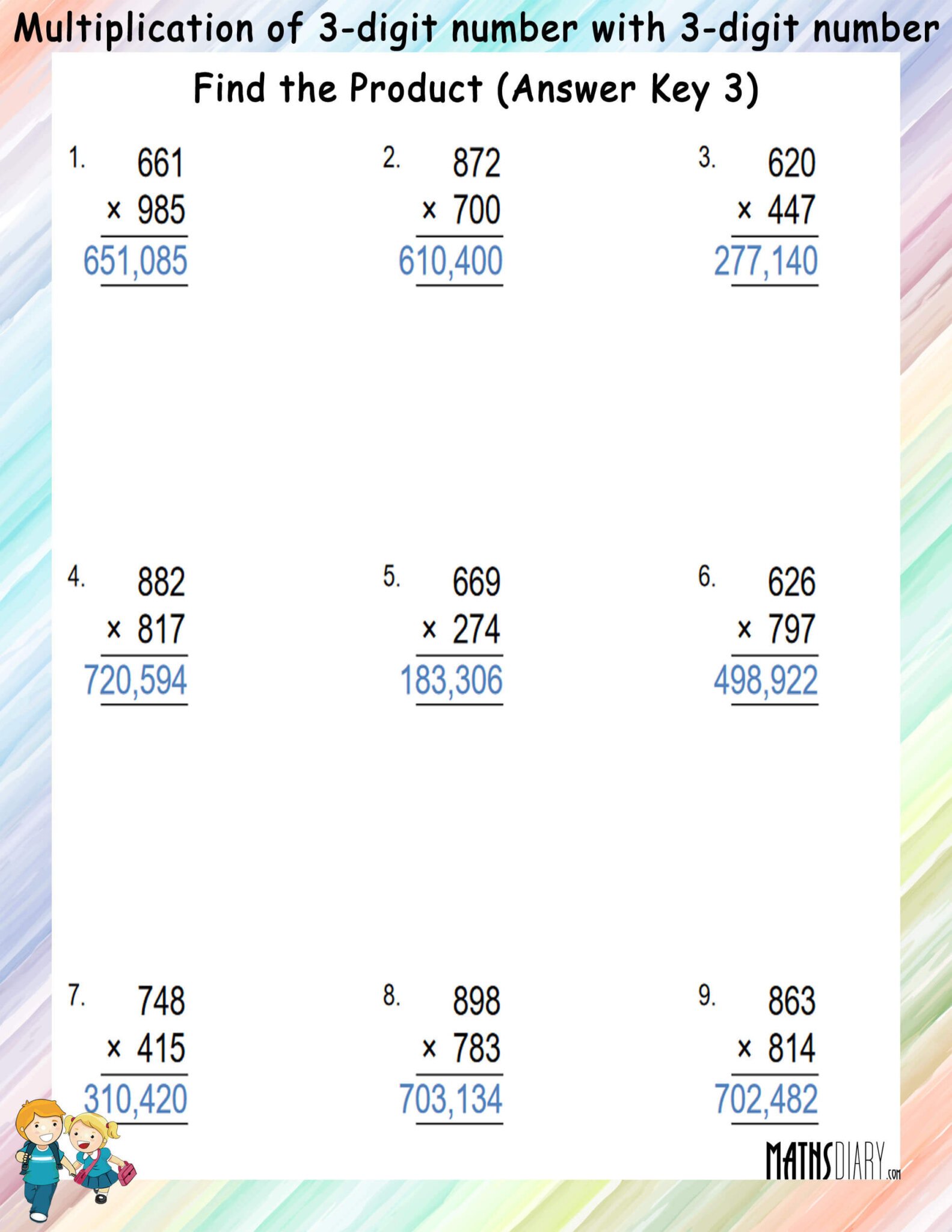 Multiplication of 3-digit number with 3-digit number Worksheets - Math ...