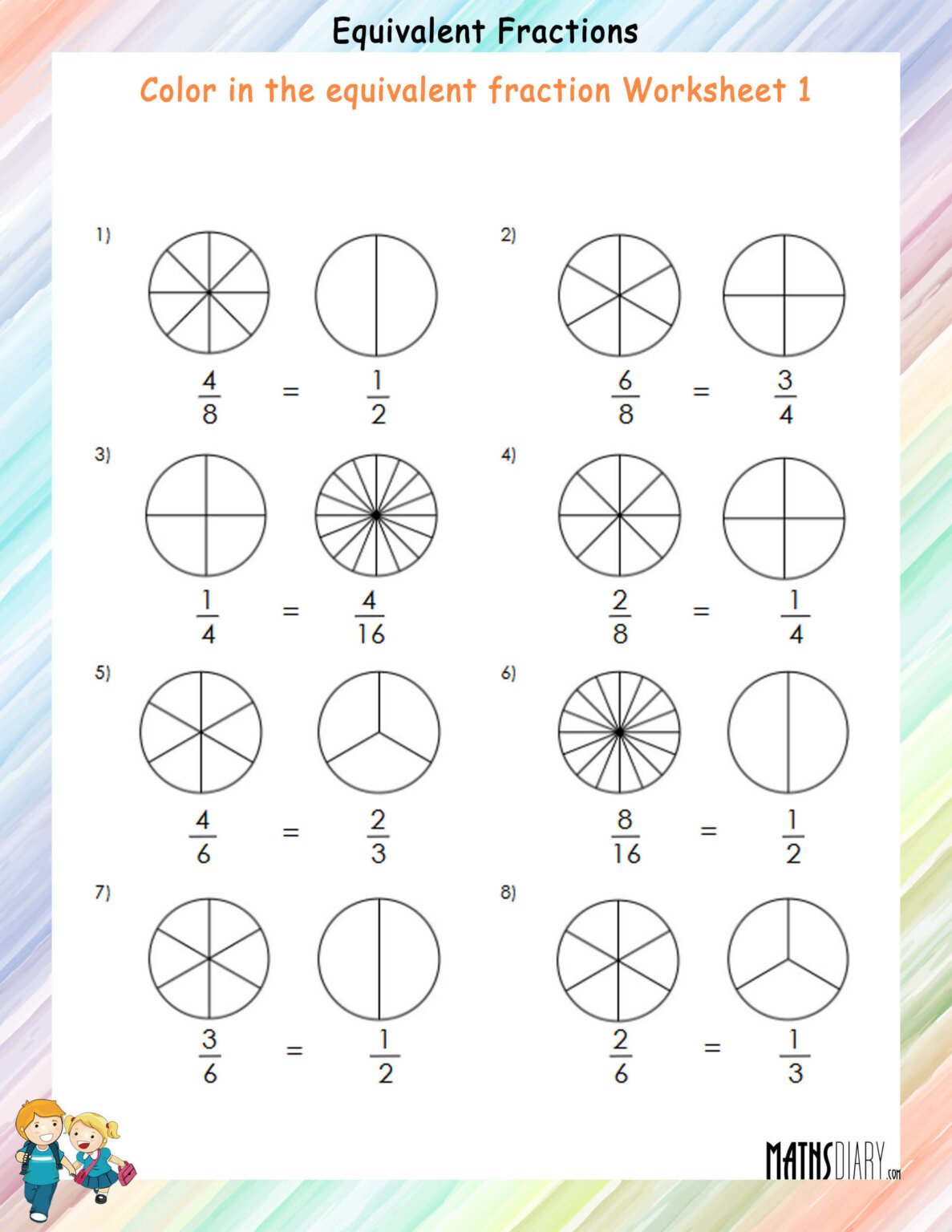 Color in the equivalent fraction Worksheets - Math Worksheets ...