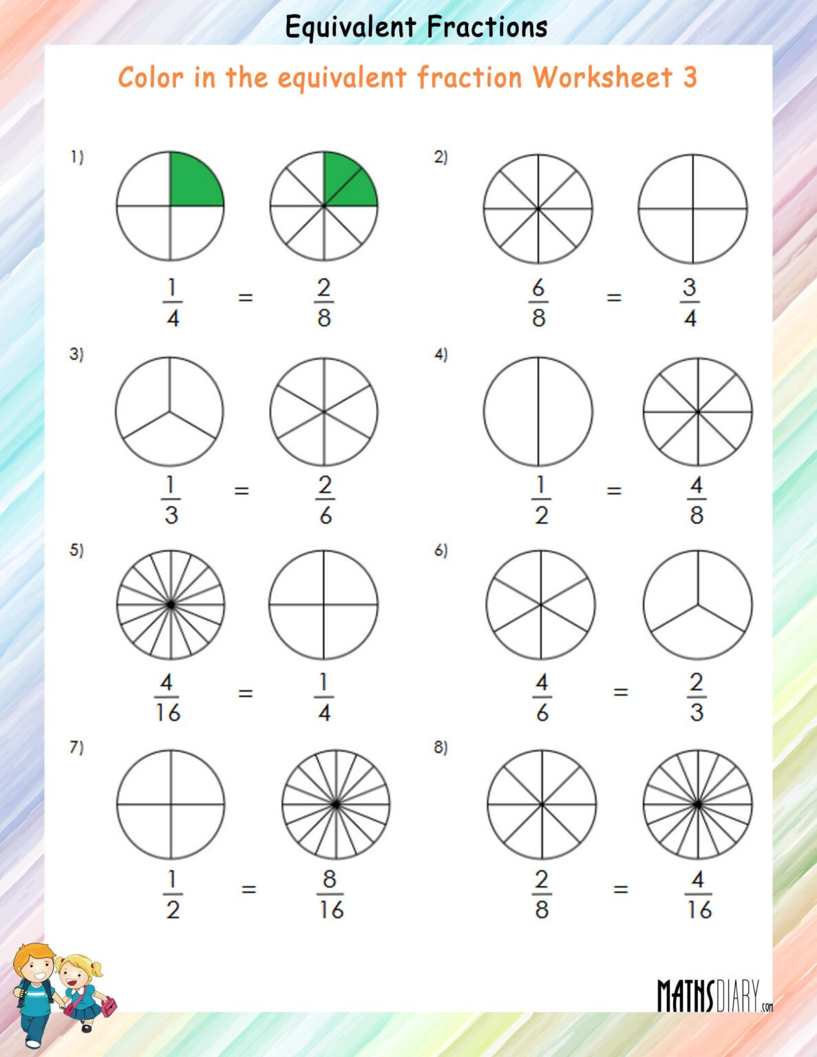 Color in the equivalent fraction Worksheets - Math Worksheets ...
