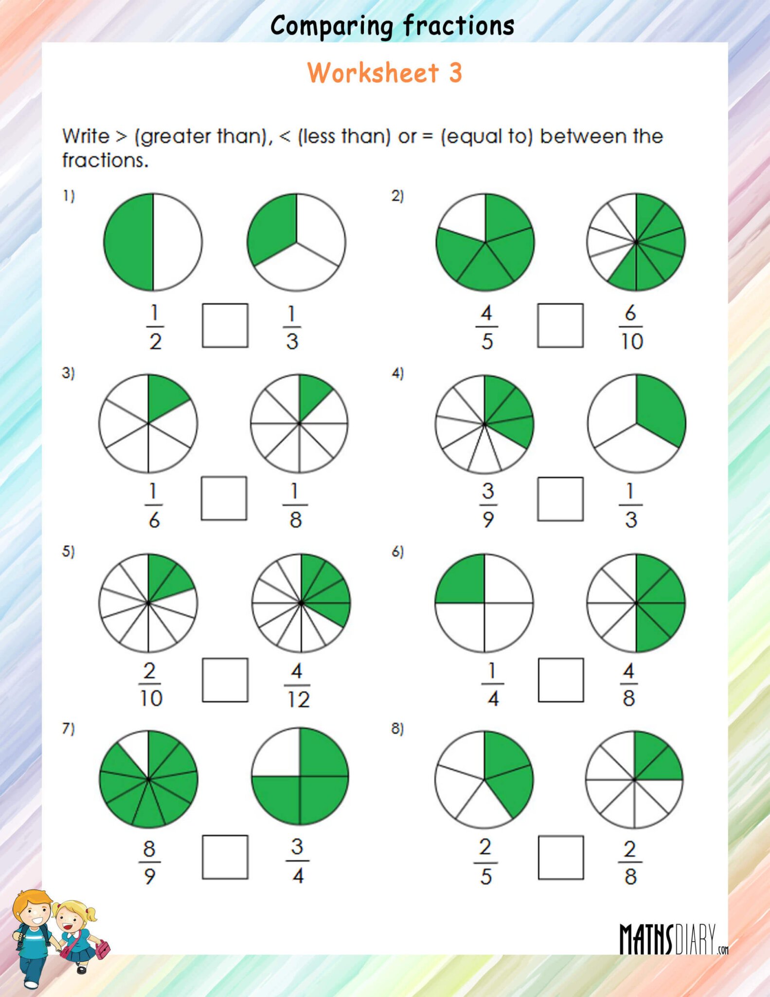 Comparing fractions using pie charts Worksheets - Math Worksheets ...