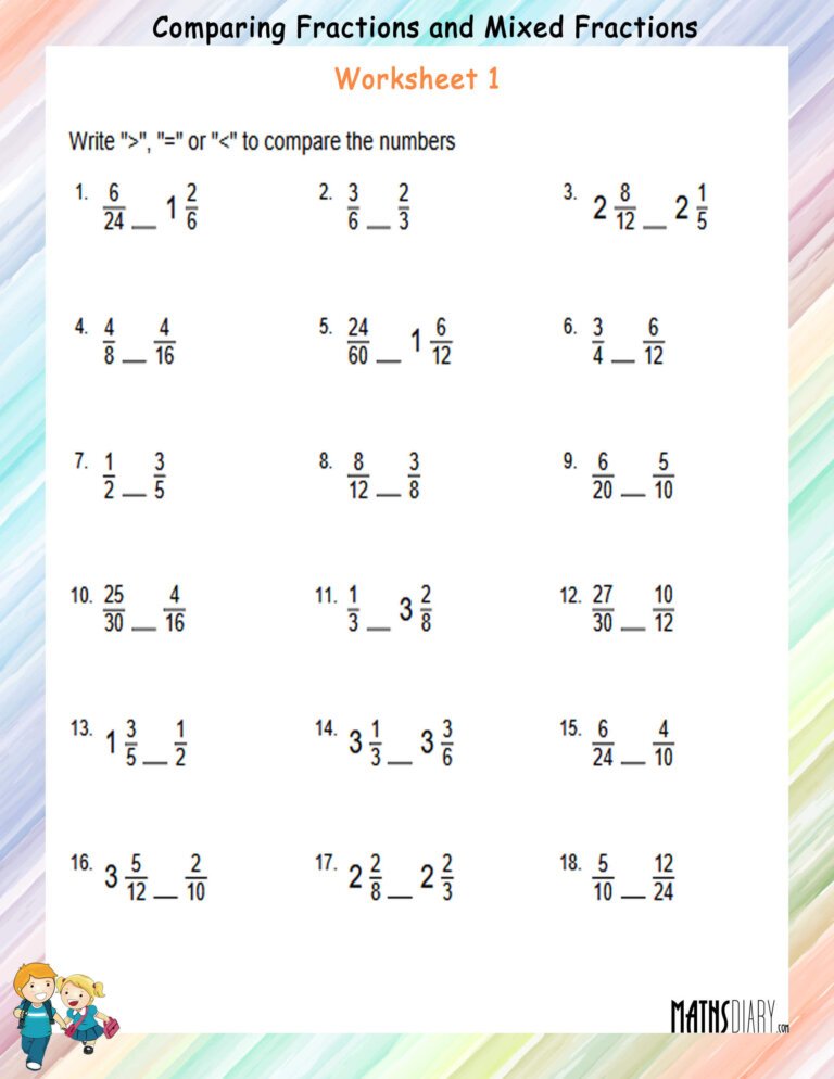 Comparing fractions and mixed numbers Worksheets - Math Worksheets ...