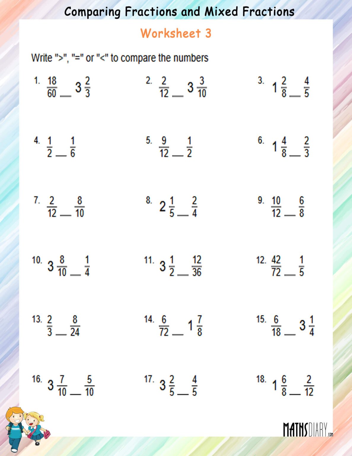 Comparing fractions and mixed numbers Worksheets - Math Worksheets ...